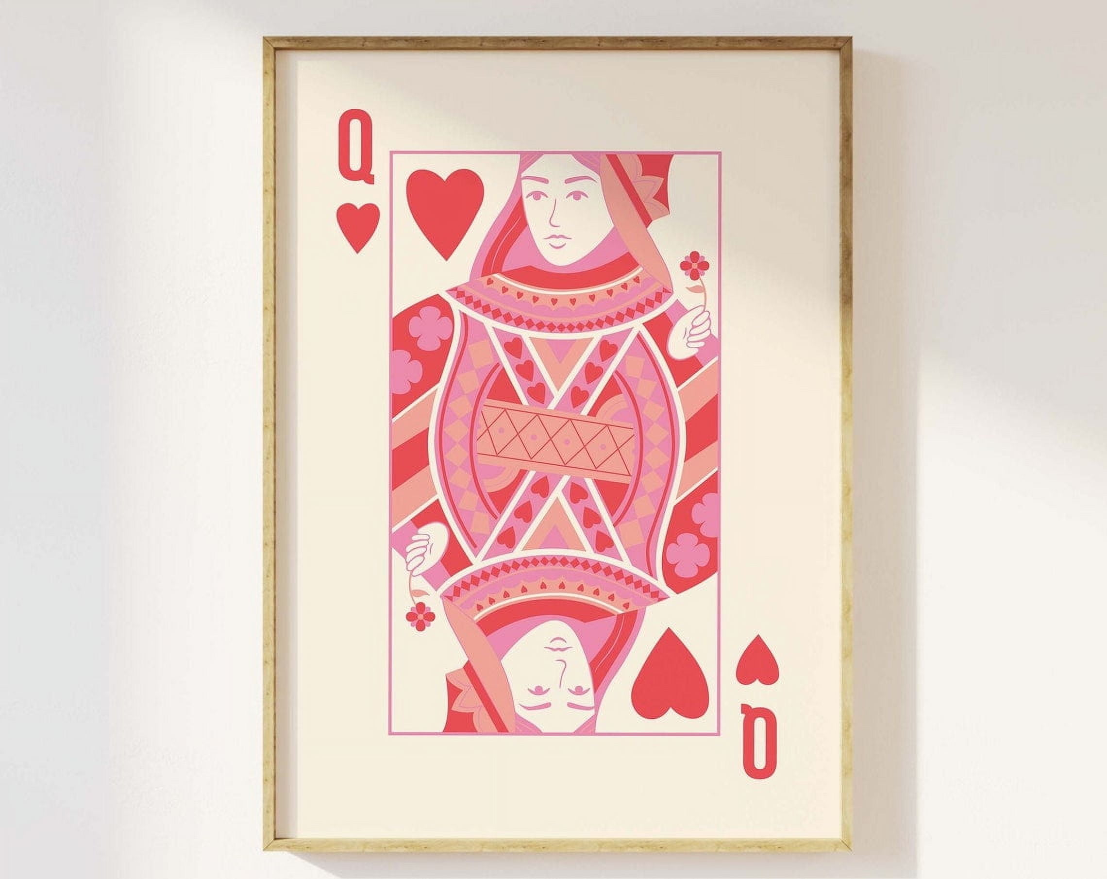 Queen Of Hearts Print, Art, Cute Pink Card Print, Retro Wall Art ...