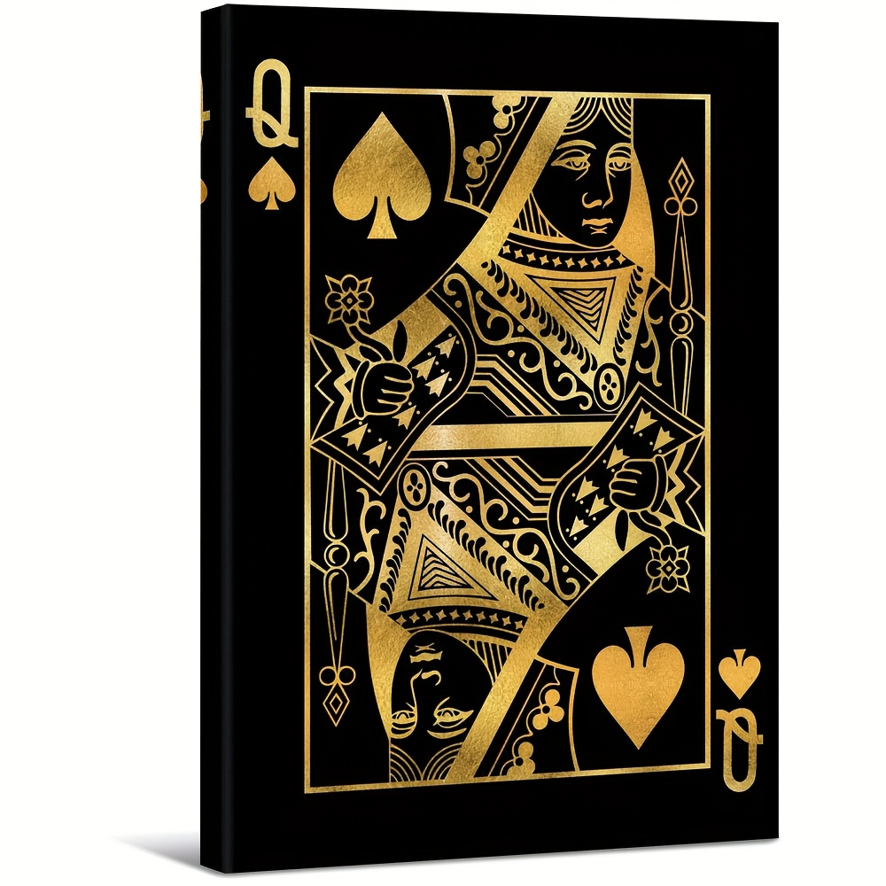 Queen Of Spades Playing Card Black Gold Design Large Wooden Framed Wall ...