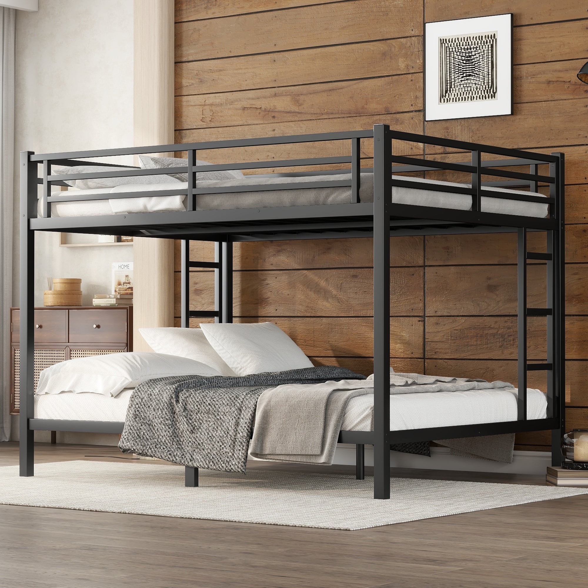 Queen Over Queen Bunk Bed Frame, Heavy Duty Metal Bunk Beds with with 2 ...
