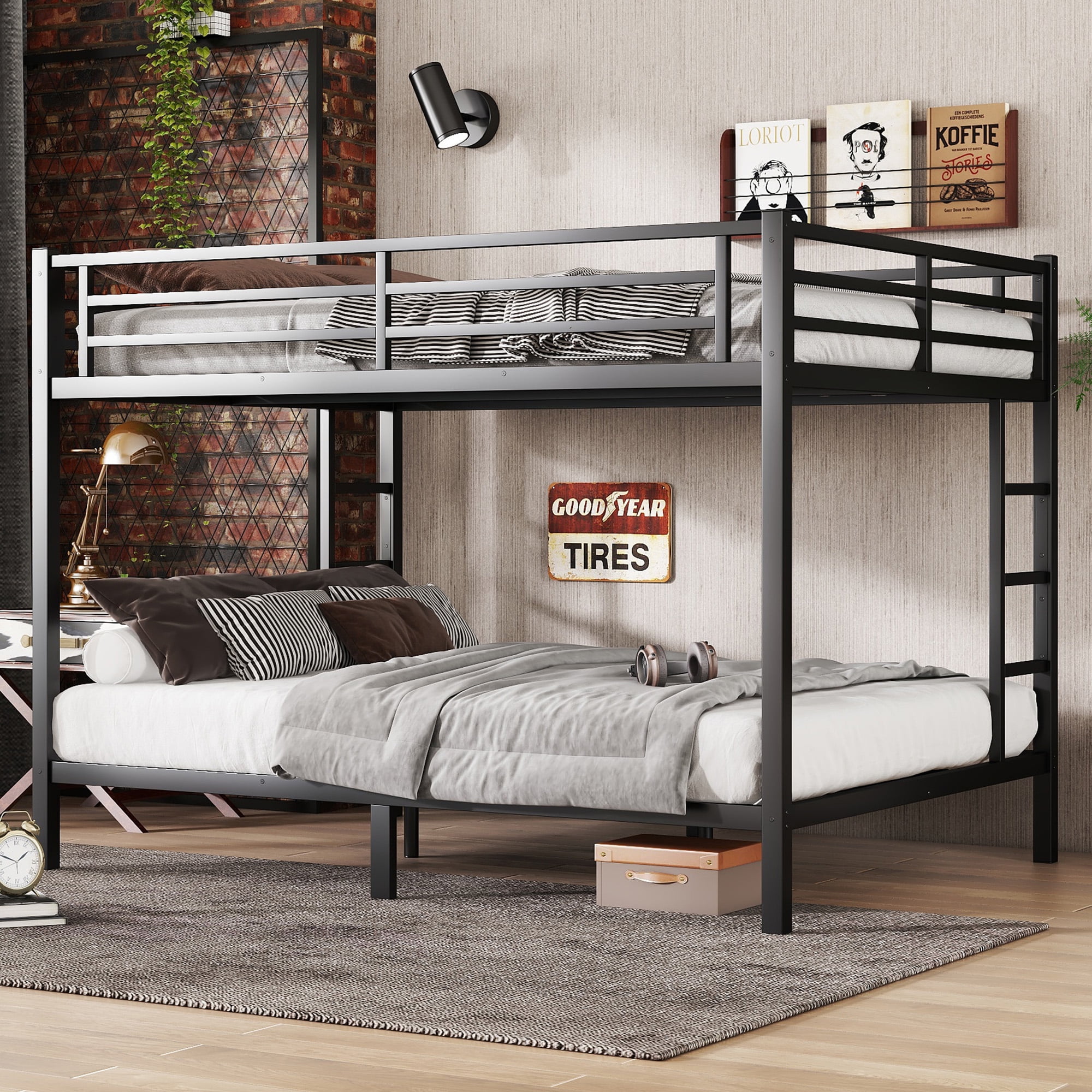 Queen Over Queen Bunk Bed - Heavy Duty Metal Frame, Dual Ladders, Under ...