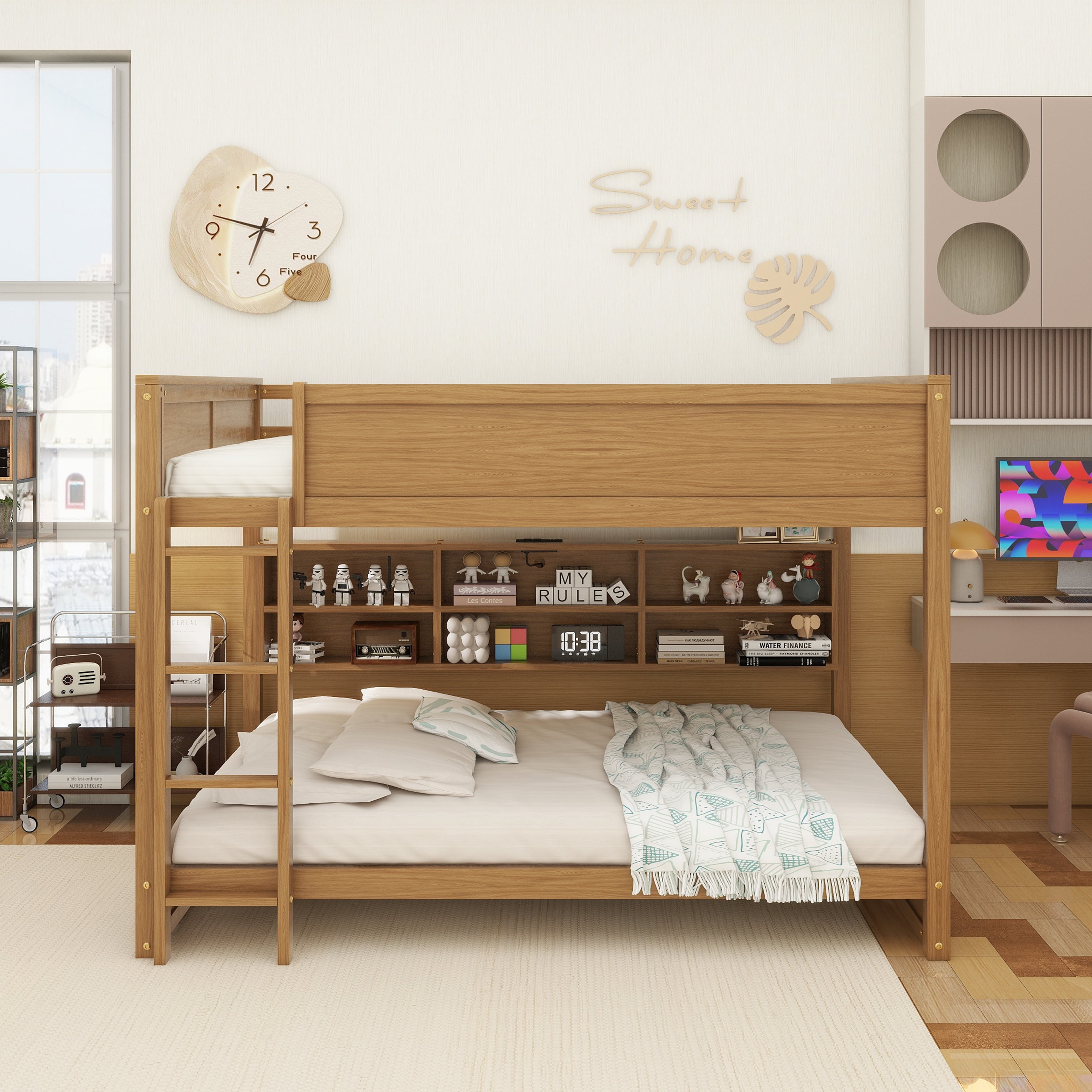 Queen Over Queen Bunk Bed with Built-in Storage Cabinets,Charging ...