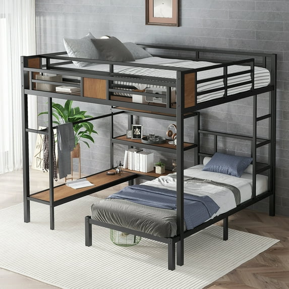 Queen Over Twin Bunk Bed, Metal Bunk Bed Frame with Hangers and Shelves ...