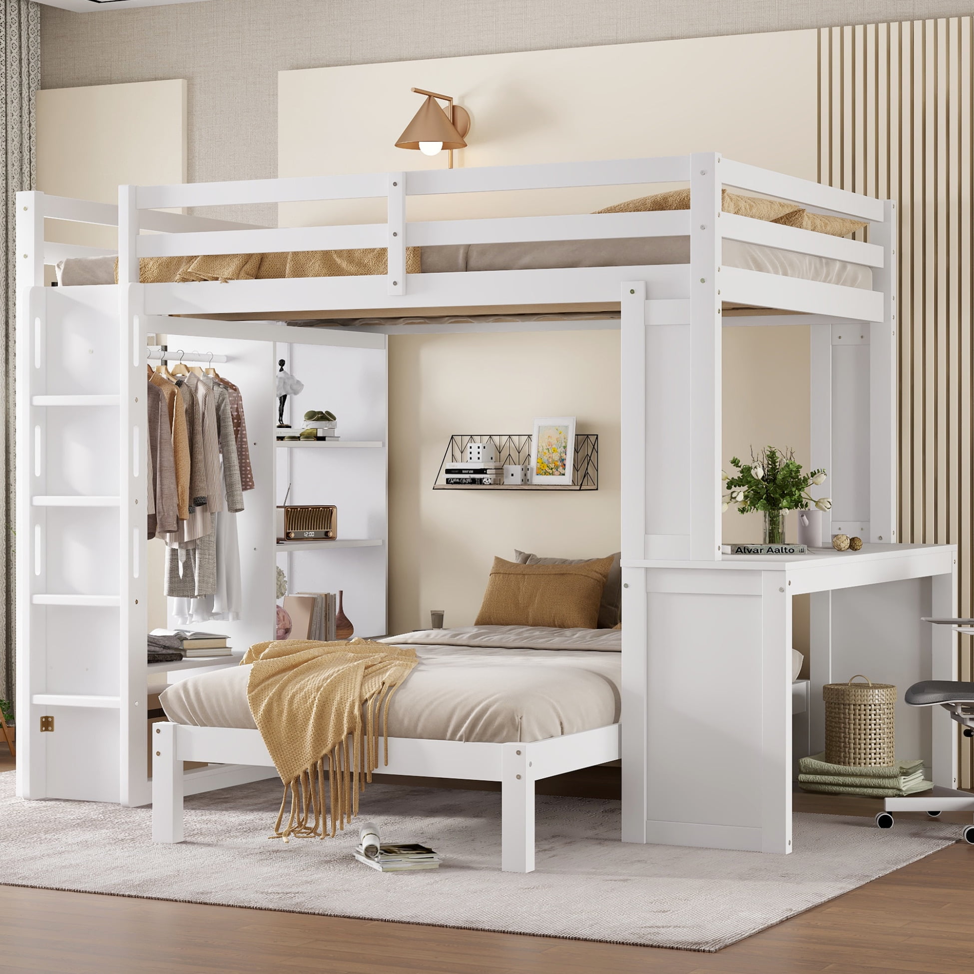 Queen Over Twin Bunk Bed with Desk and Wardrobe, 2-in-1 Separable Bunk ...