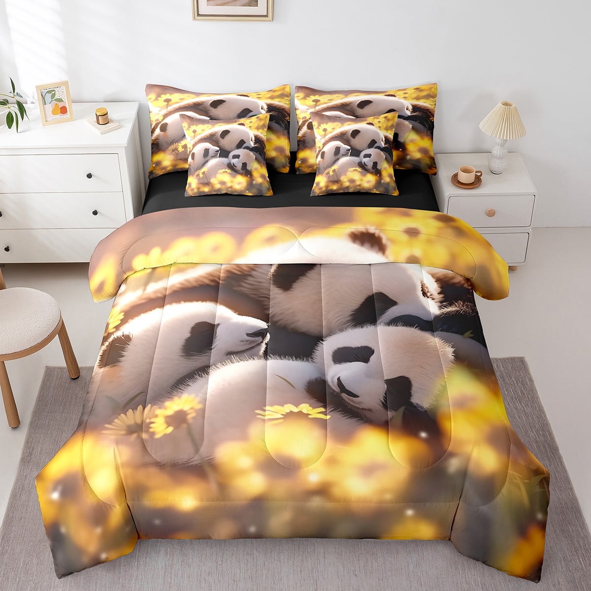 Queen Panda Comforter Sets 7-Piece,3D Cartoon Panda Bedding Set with Sheets Bed in a Bag,Cute ...