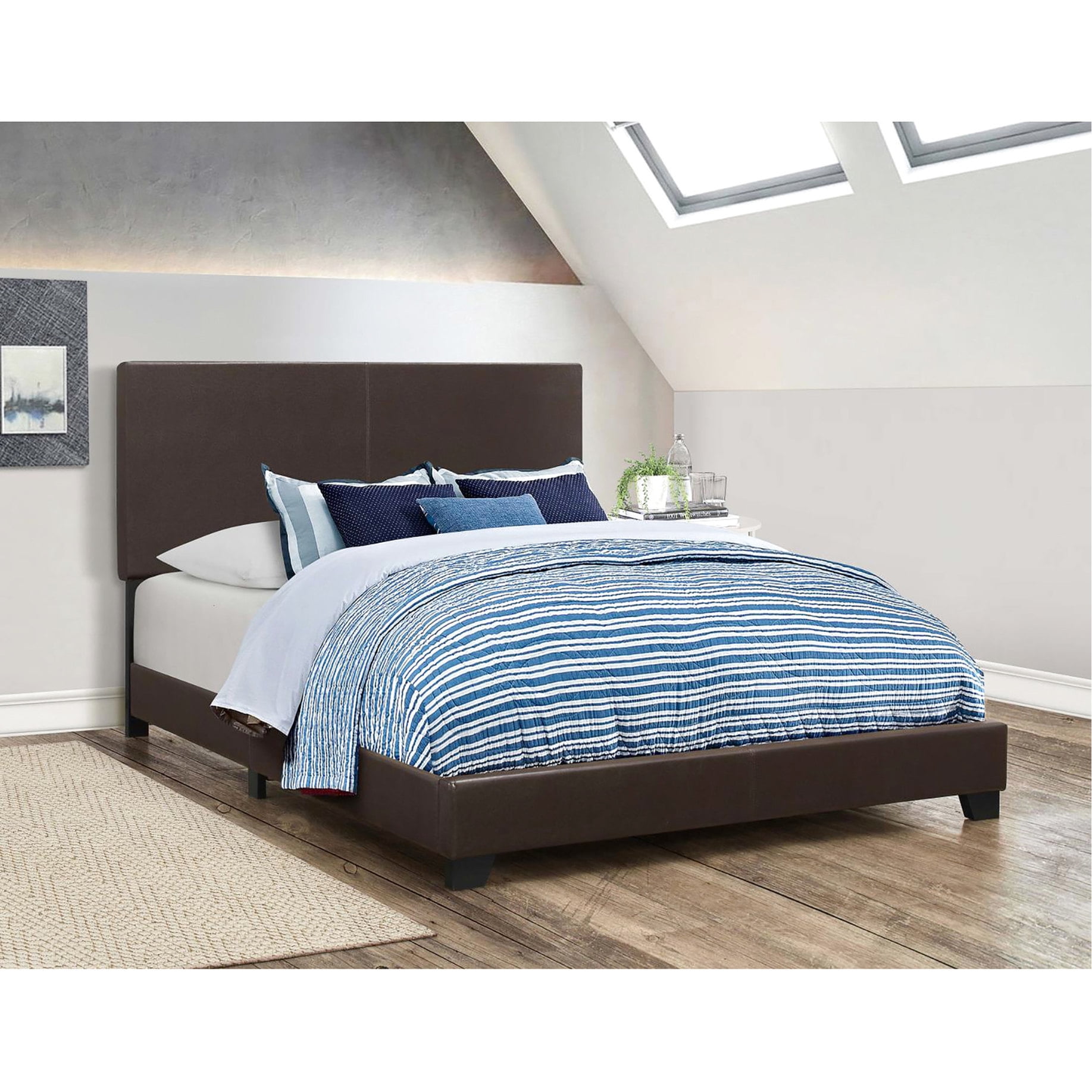 Queen Panel Bed in Brown | Smooth Faux Leather, Modern Angles | Bedroom ...