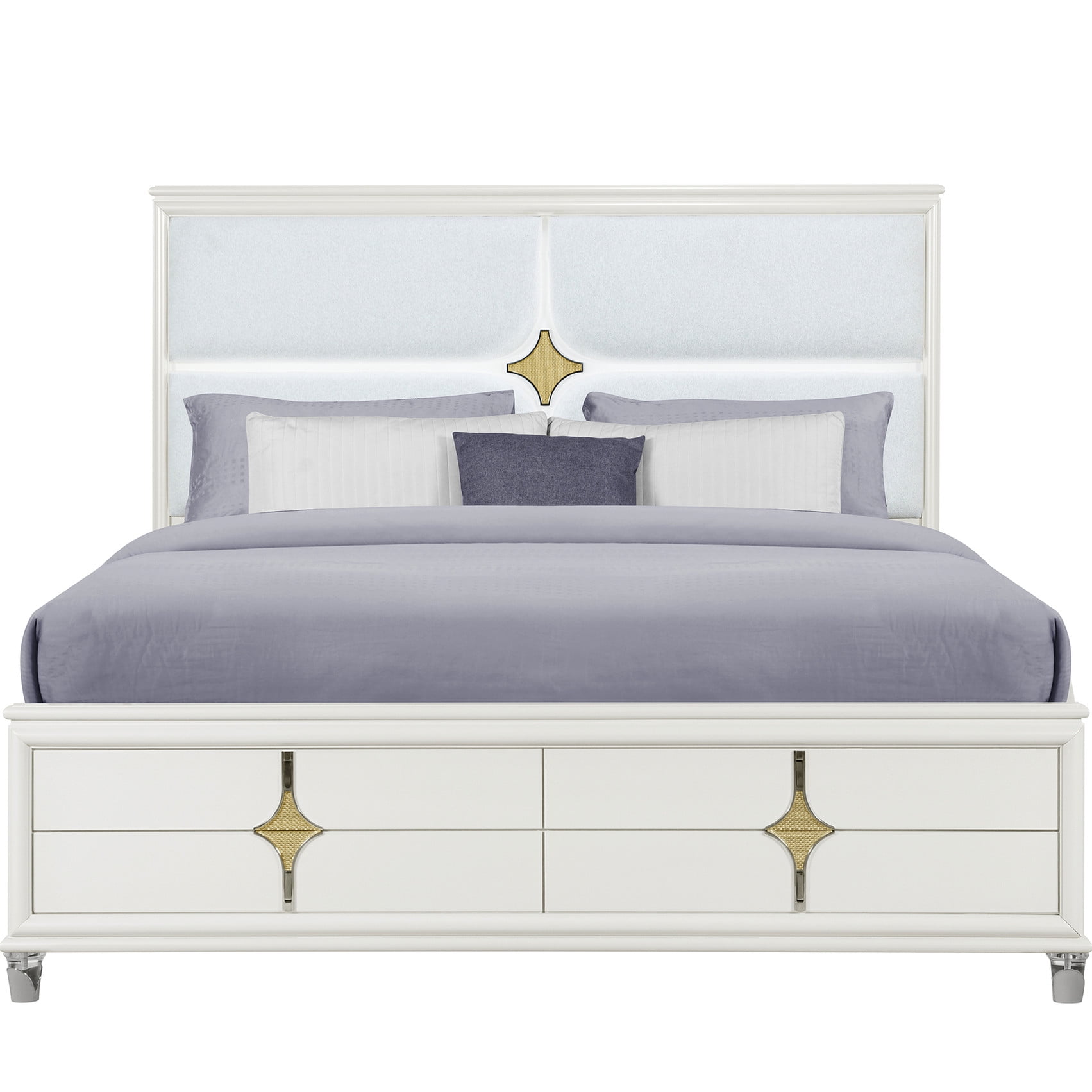 Queen Panel Bed with Gold Elements and LED | Wood Filler, Solid Wood ...