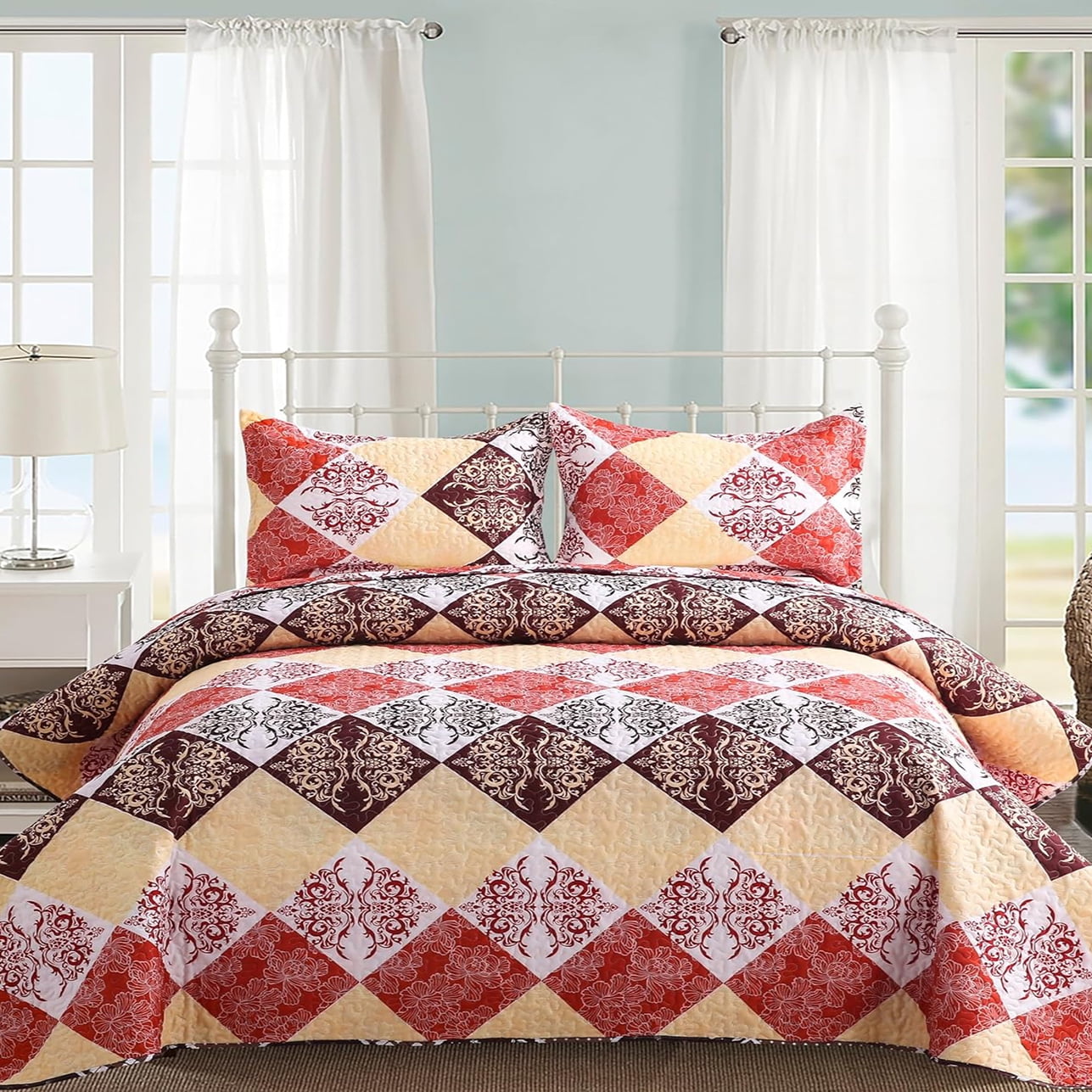 Queen Patchwork Quilt Set - Microfiber Lightweight 3-Piece for All ...