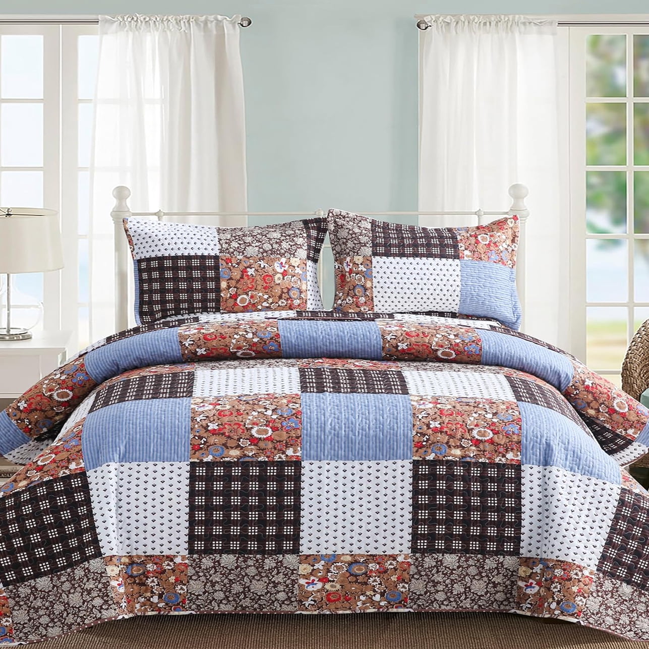 Queen Patchwork Quilt Set - Microfiber Lightweight 3-Piece for All ...