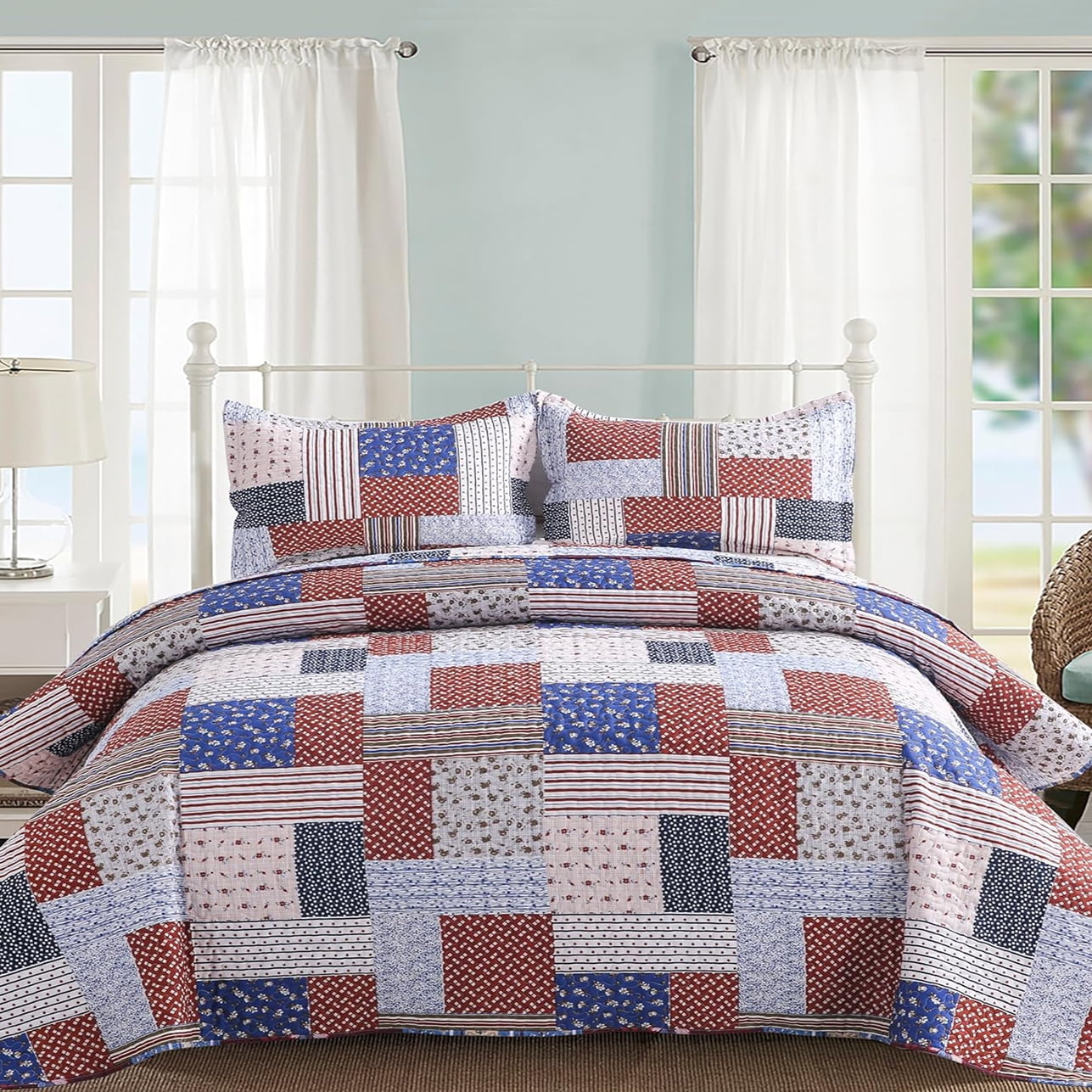 Queen Patchwork Quilt Set - Microfiber Lightweight 3-Piece for All ...