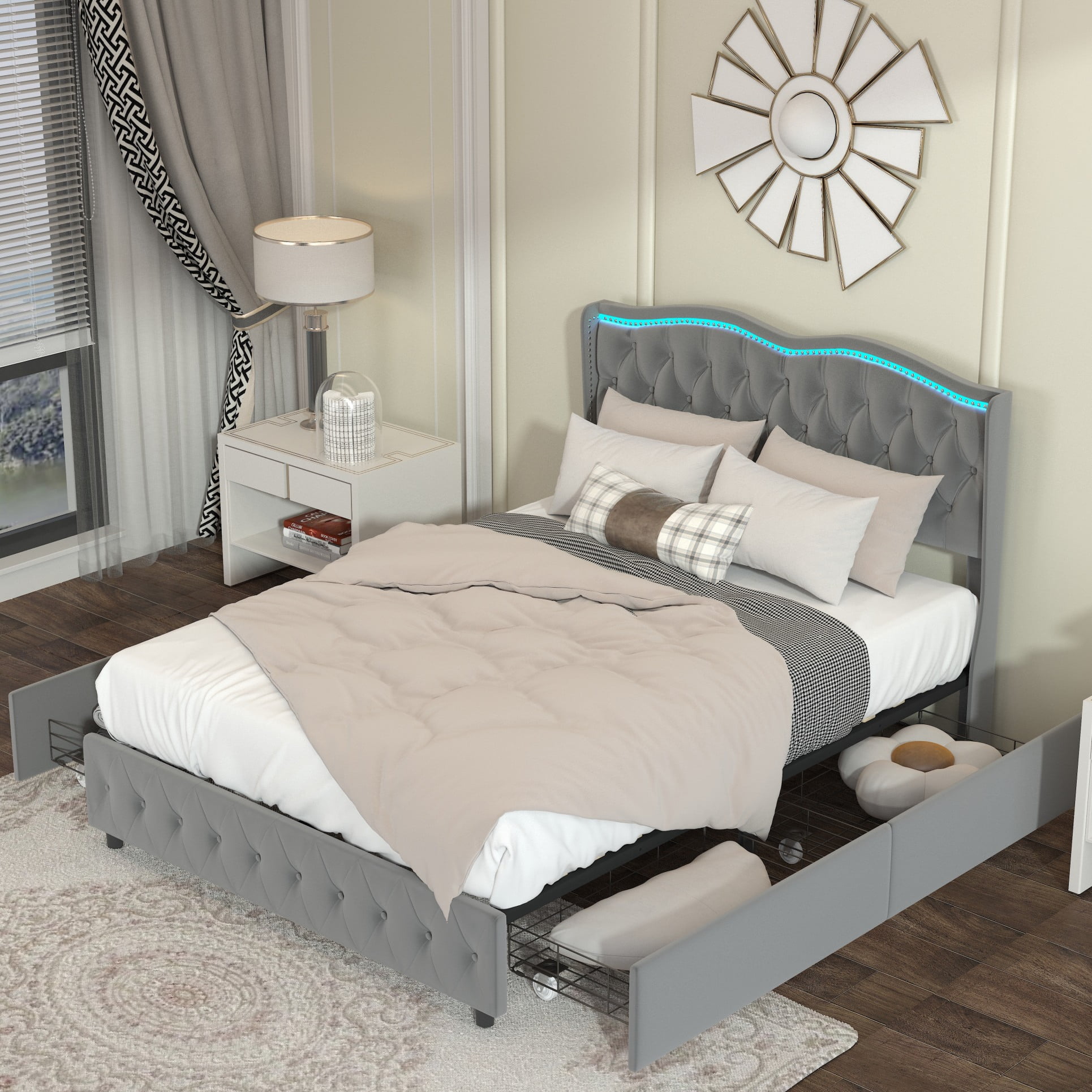 Queen Platform Bed Frame with Adjustable Colorful LED Light Decorative ...