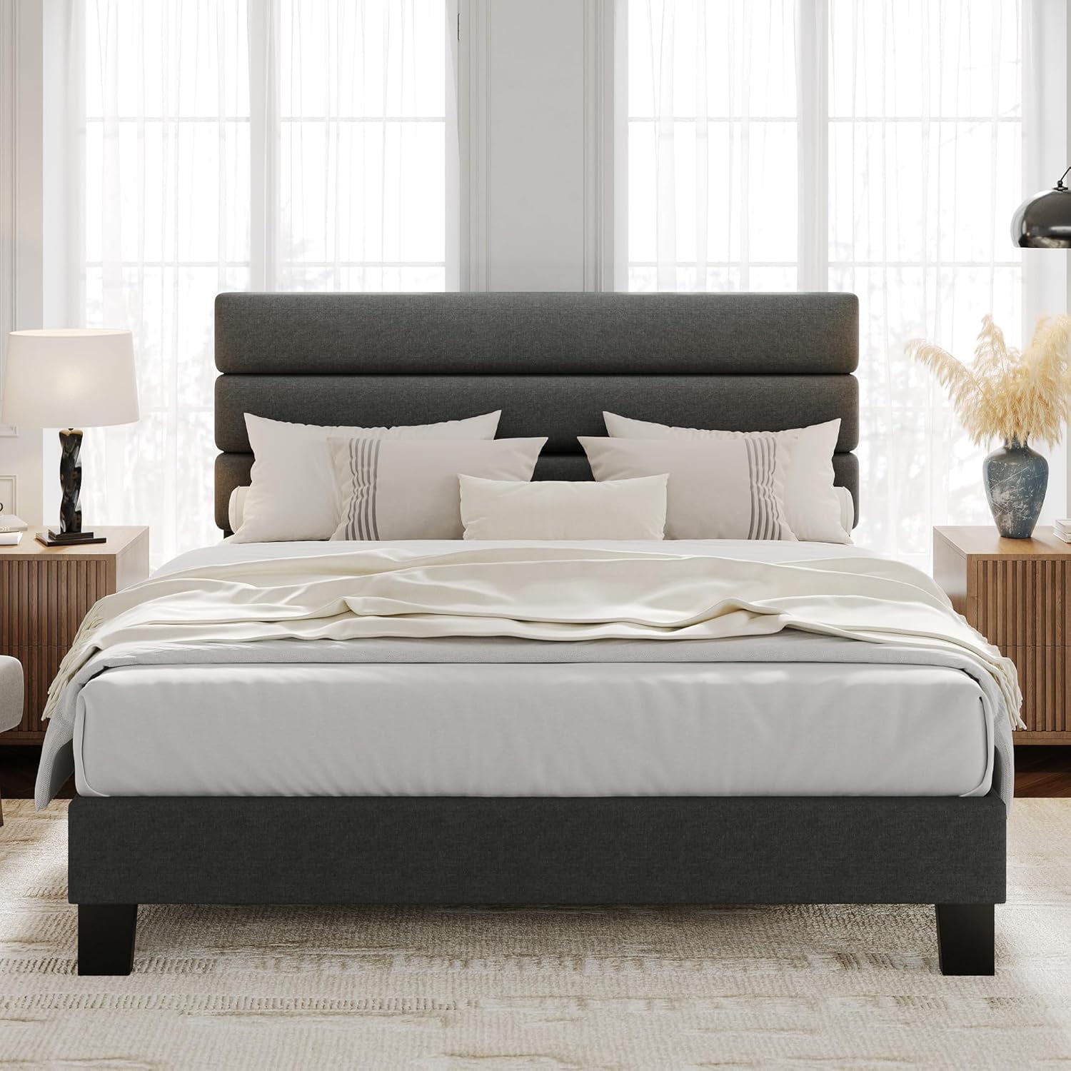 Queen Platform Bed Frame with Adjustable Linen Headboard - Upholstered Fabric & Wood Slat ...