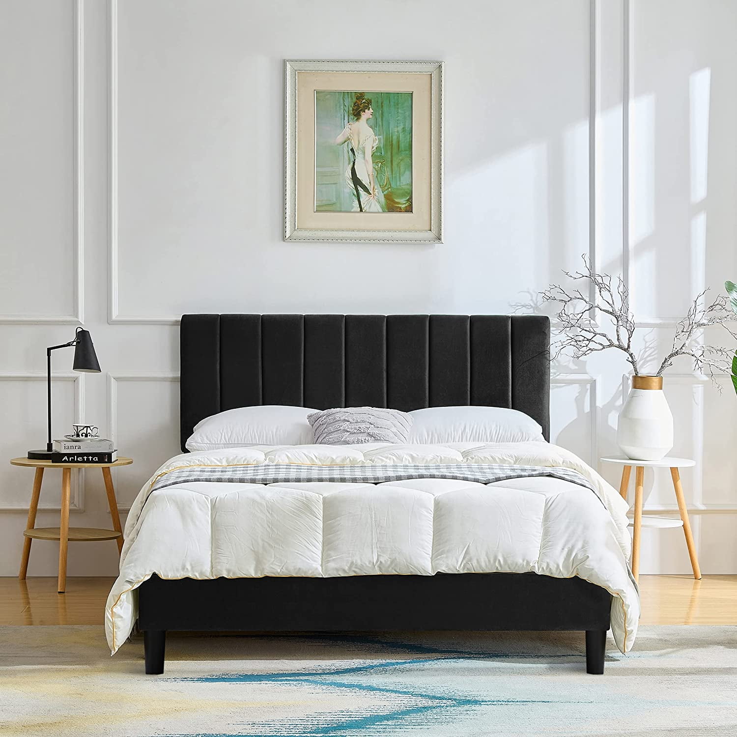 Queen Platform Bed Frame Black Velvet Upholstered Bed Frame with ...