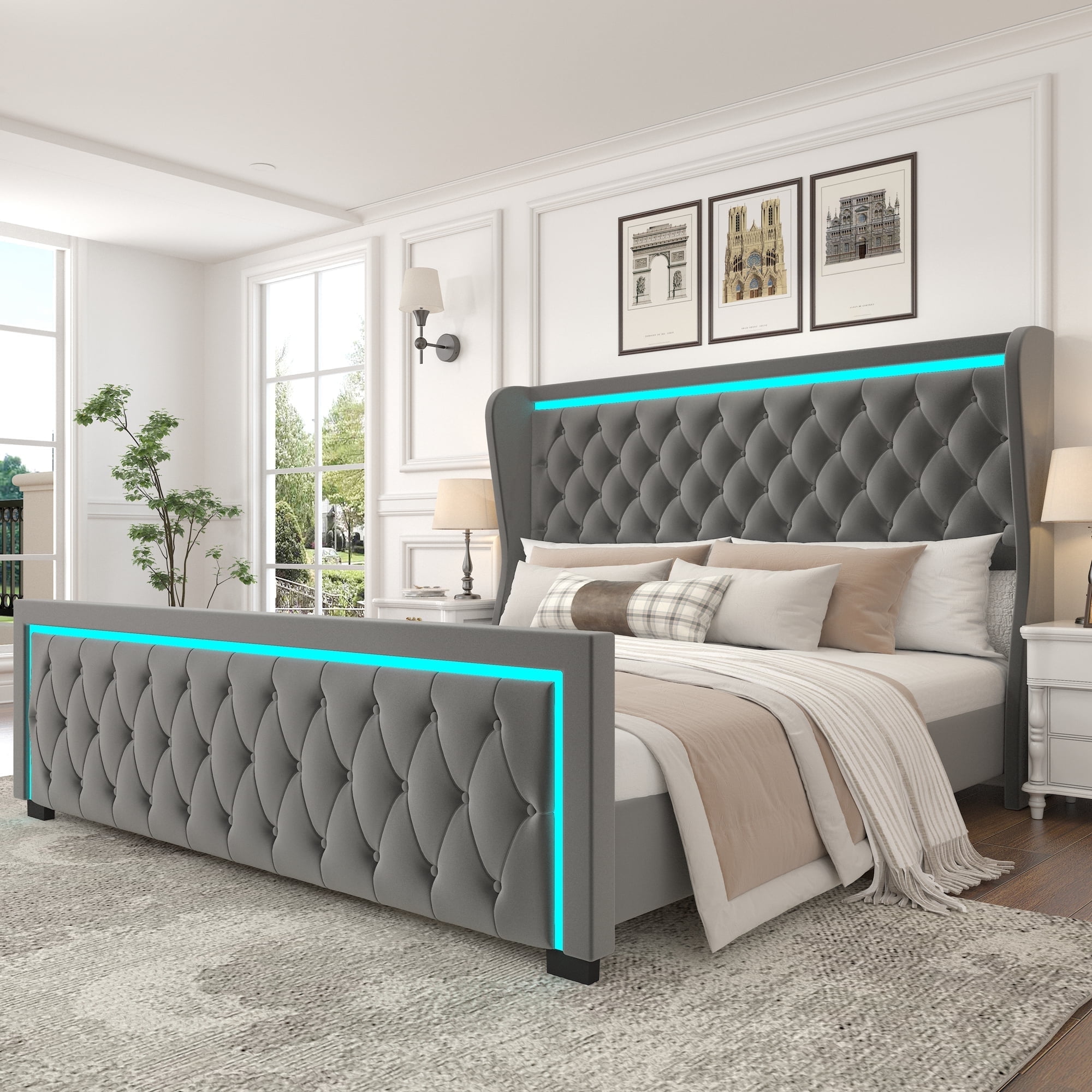 Queen Upholstered Platform Bed Frame with Tall High Headboard, Velvet ...