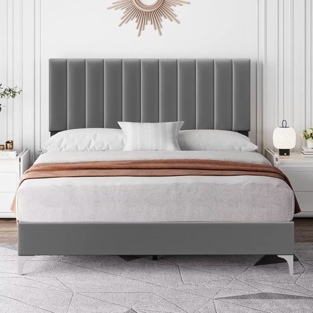 Queen Platform Bed Frame, Modern Velvet Upholstered Bed with Headboard Height Adjustable, Grey ...