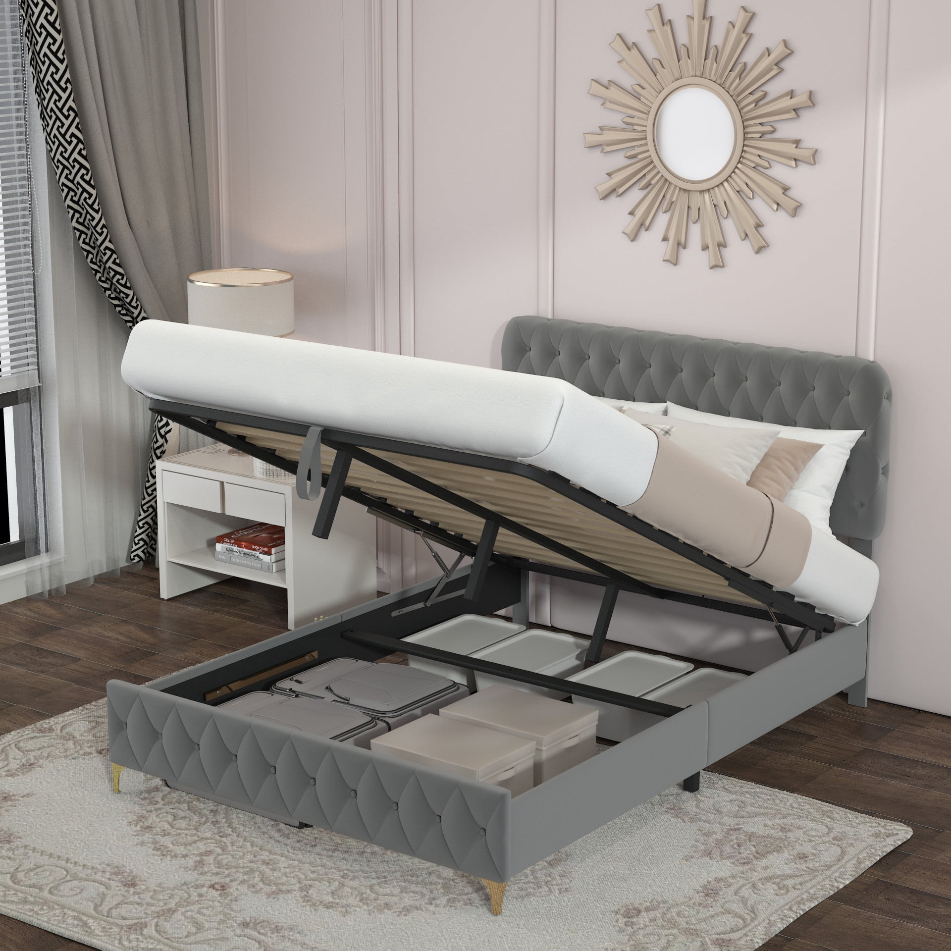 Queen Platform Bed Frame with Pneumatic Hydraulic Function, Velvet ...