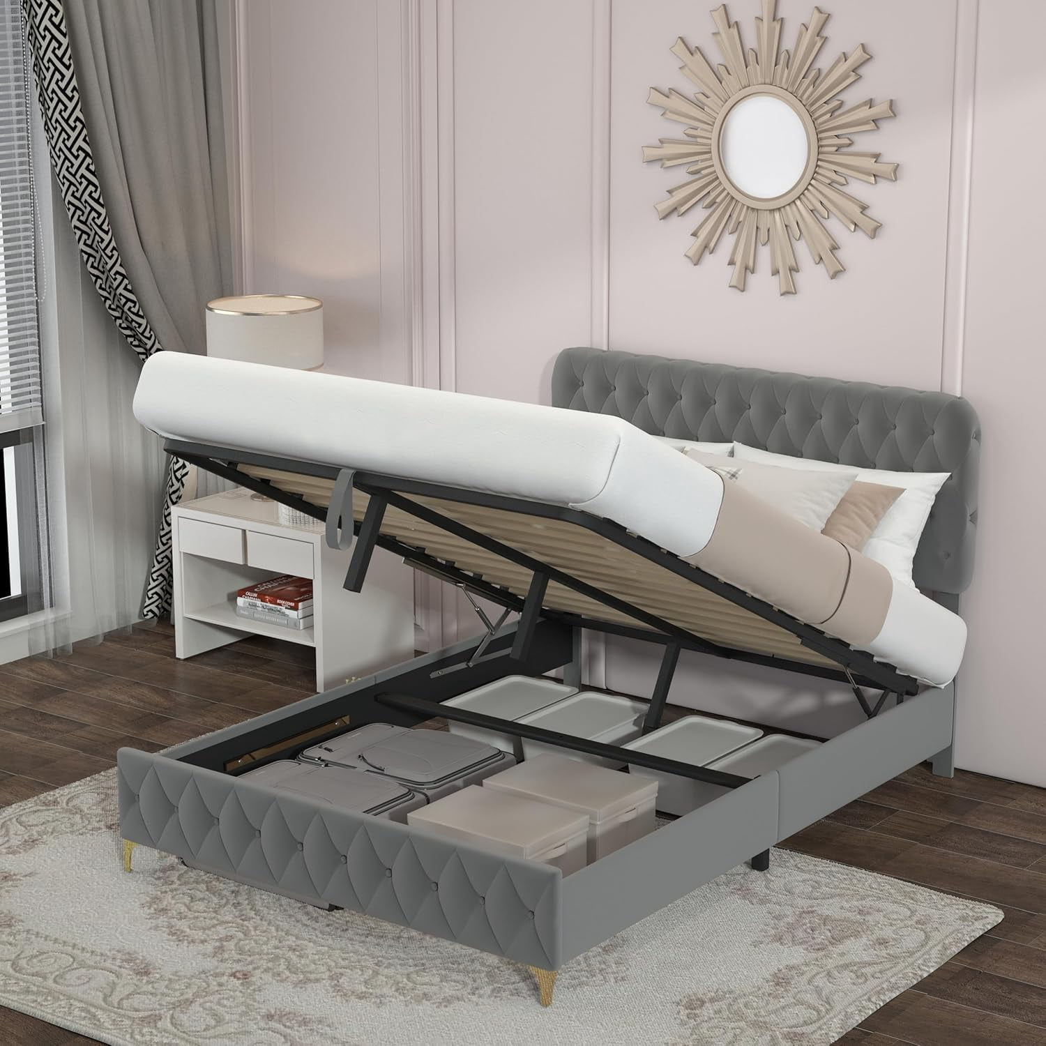 Queen Platform Bed Frame with pneumatic hydraulic function,Velvet ...