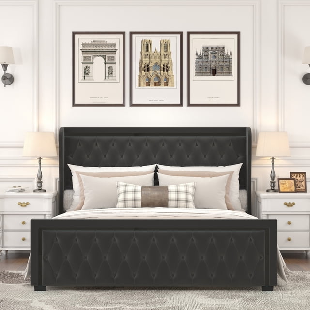 Queen Platform Bed Frame with High headboard Black - Walmart.com