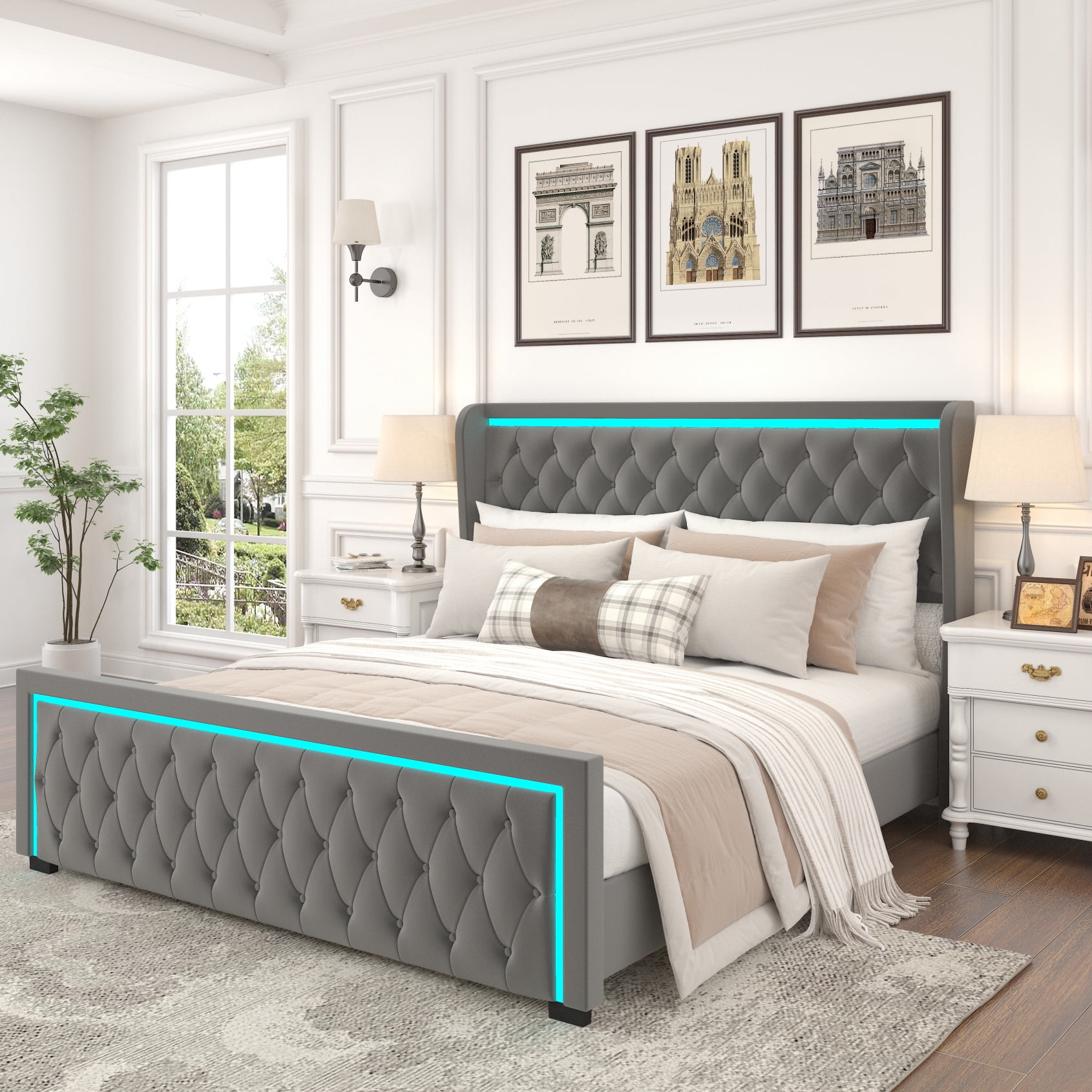 Queen Platform Bed with High headboard,Velvet Upholstered Bed Frame ...