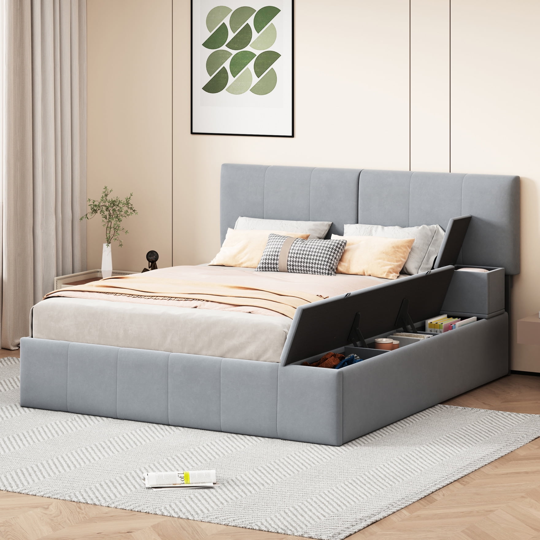 Queen Platform Bed with Side Storage, Modern Velvet Upholstered Bed ...