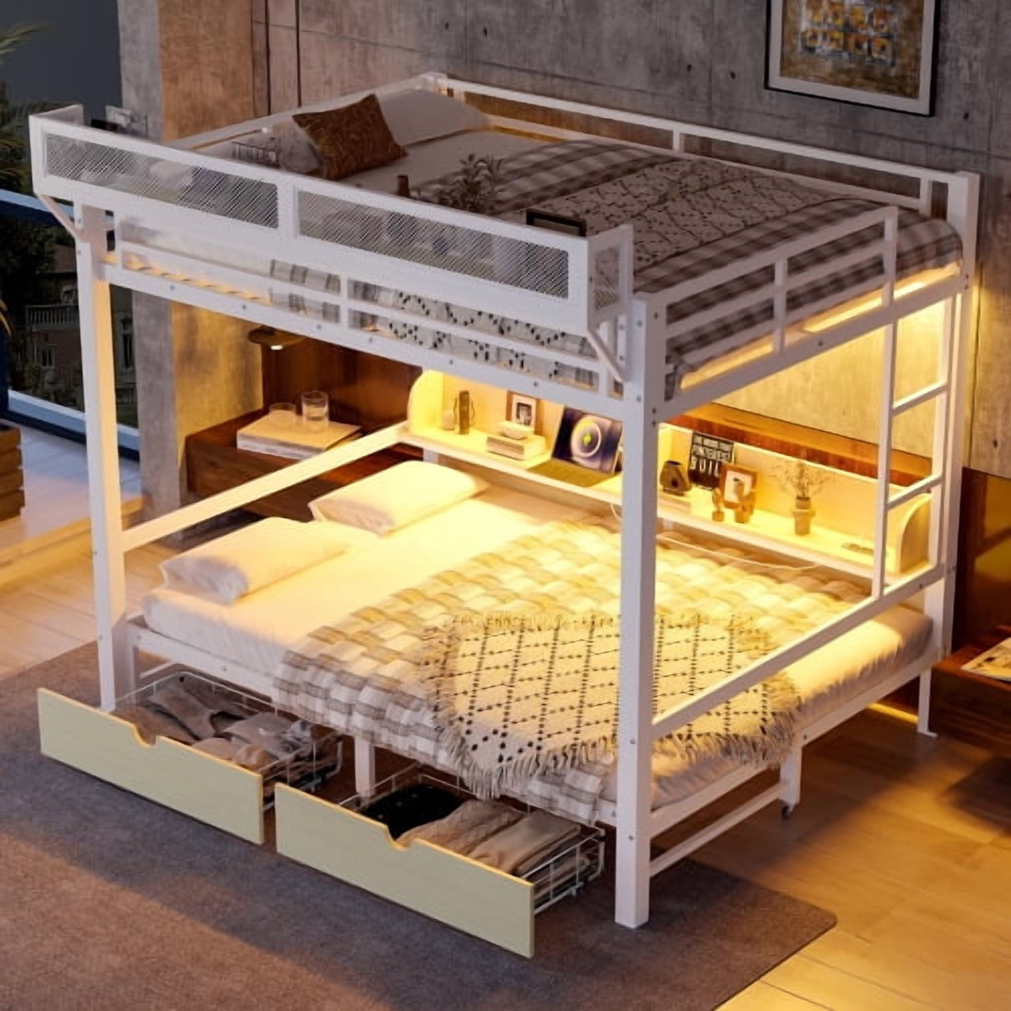 Queen over Queen Bunk Bed Frame with Charging Station and Storage ...