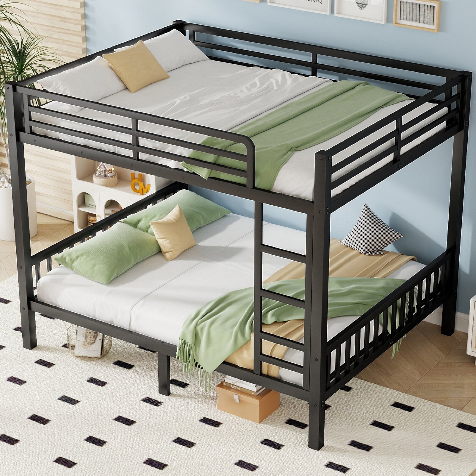 Queen Over Queen Bunk Bed Frame, Metal Bunk Beds Frame with Ladder and ...