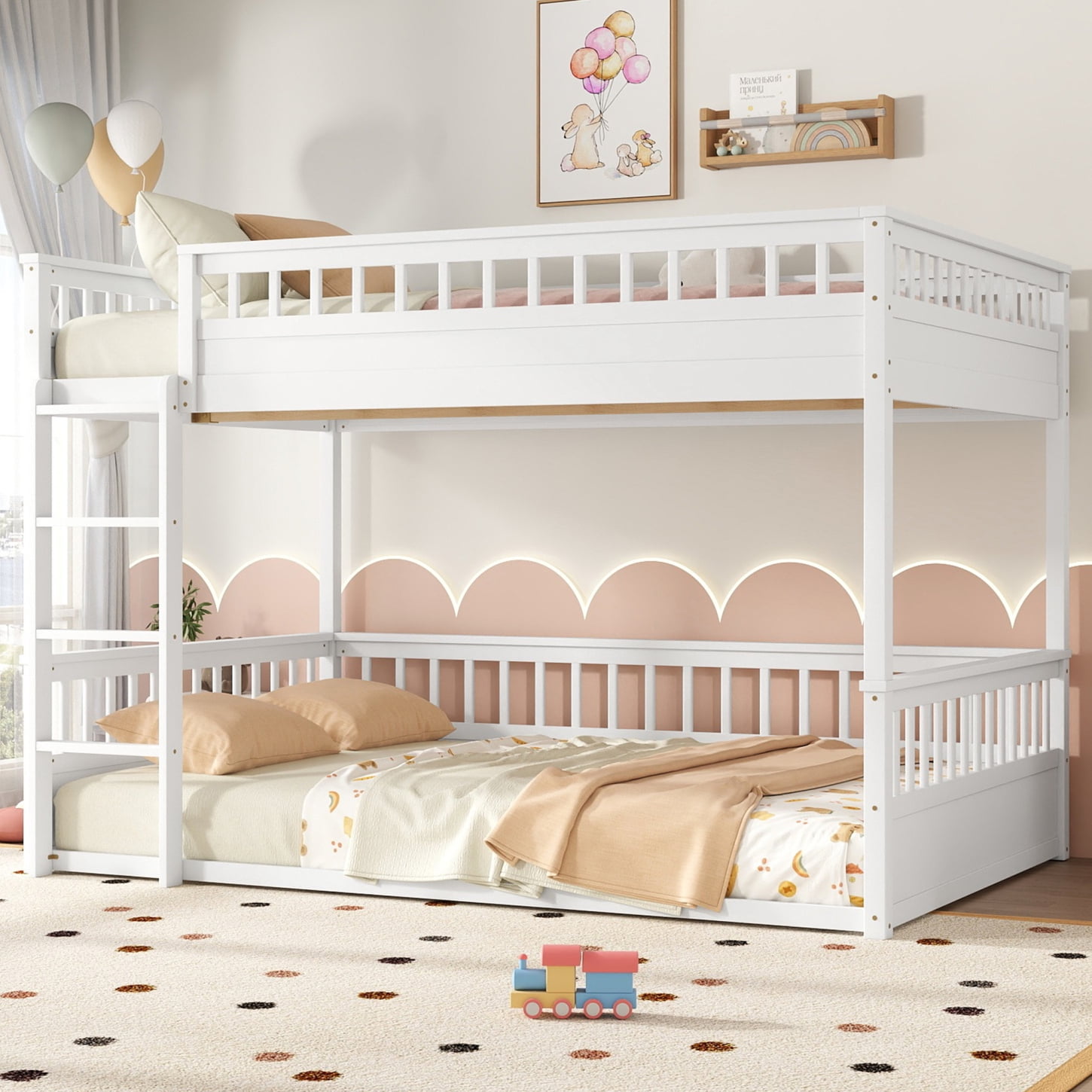 Queen over Queen Floor Bunk Bed, 2-in-1 Wooden Bunk Bed Frame with ...