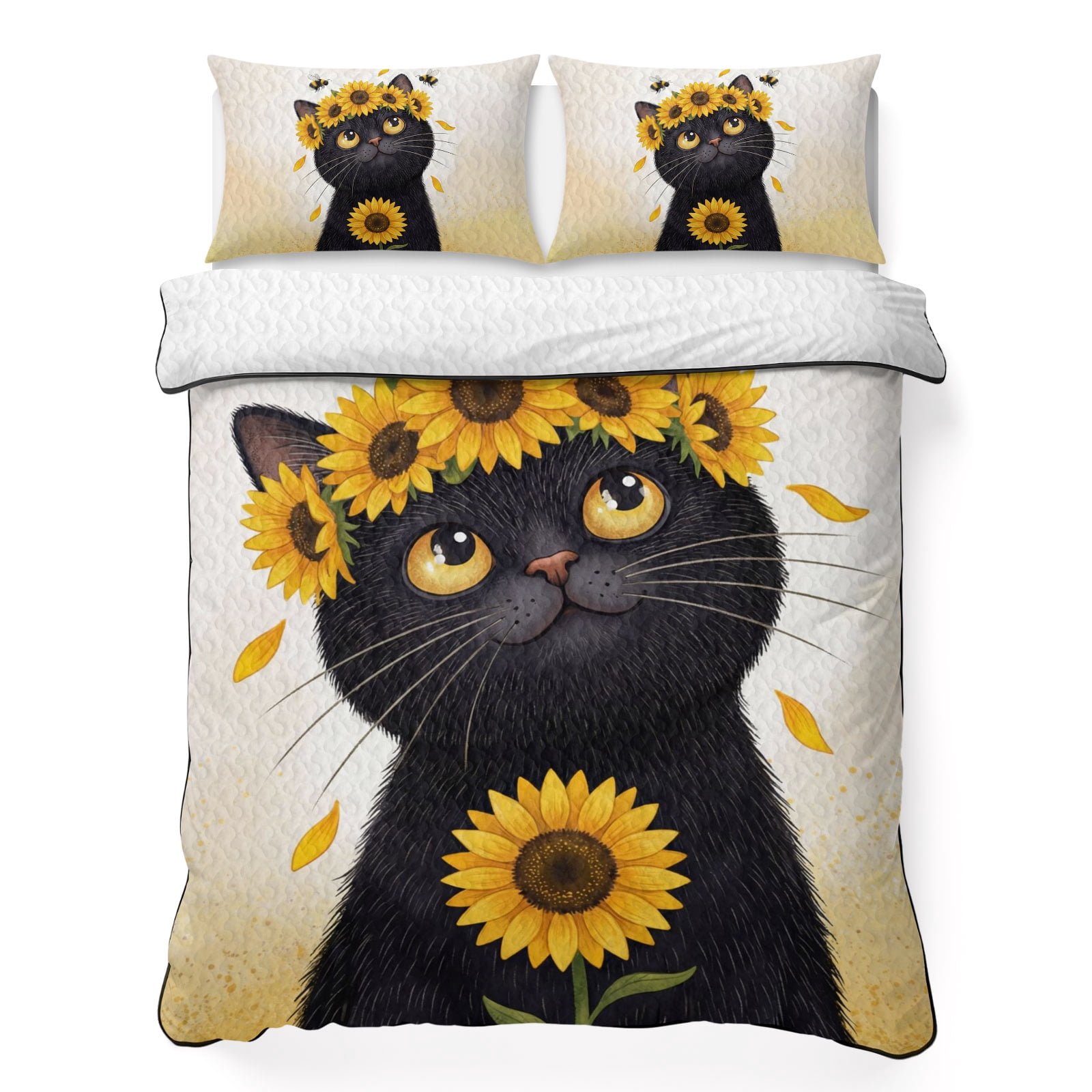 Queen Quilt Bedding Set Black Cat Yellow Sunflower Bee Lightweight ...