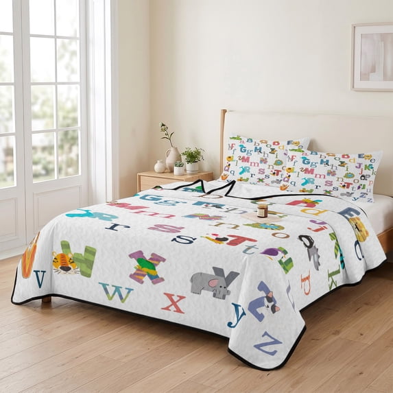 Queen Quilt Bedding Set, English Alphabet Cartoon Animal Lightweight ...