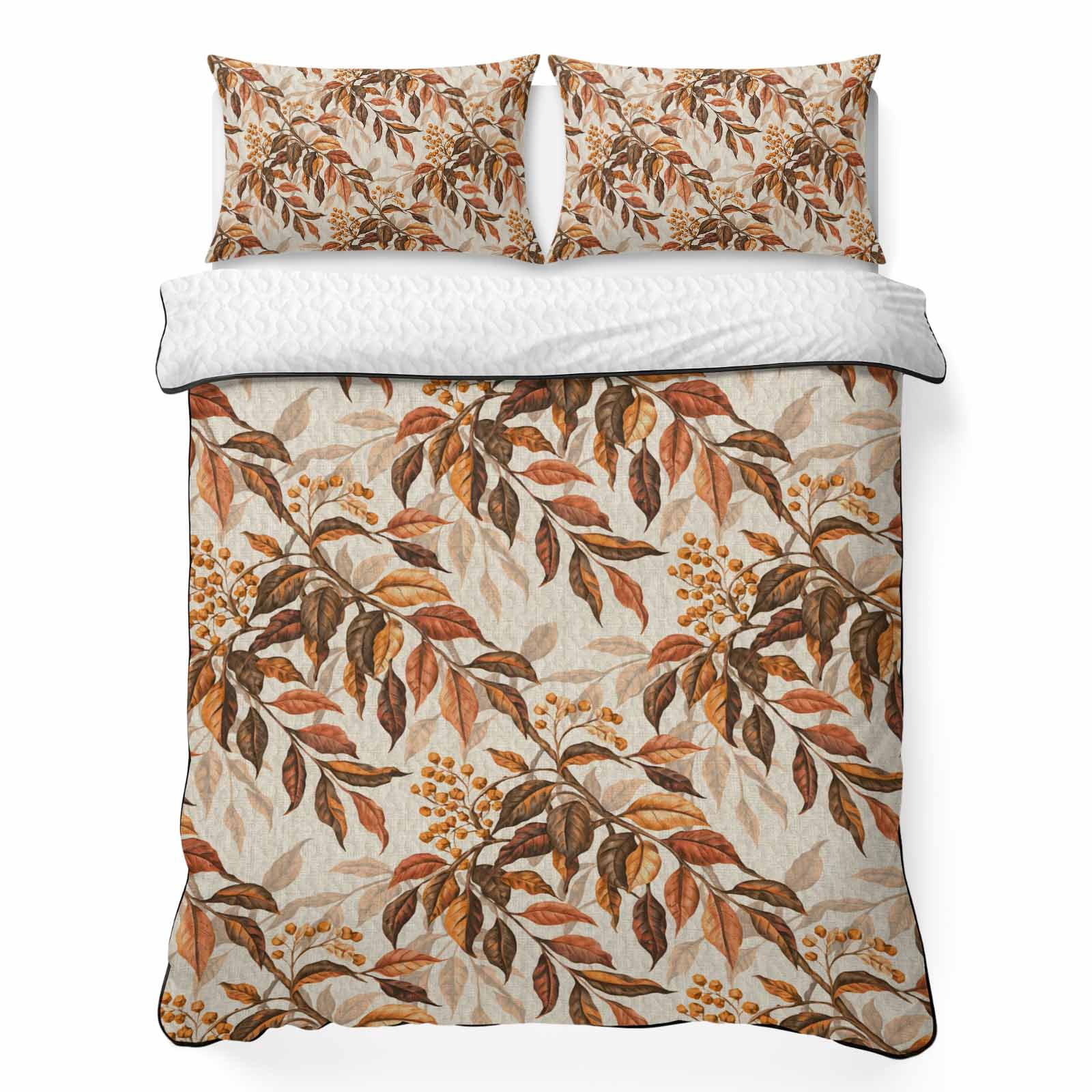 Queen Quilt Bedding Set Farmhouse Orange Leaves Seamless Summer Quilt ...