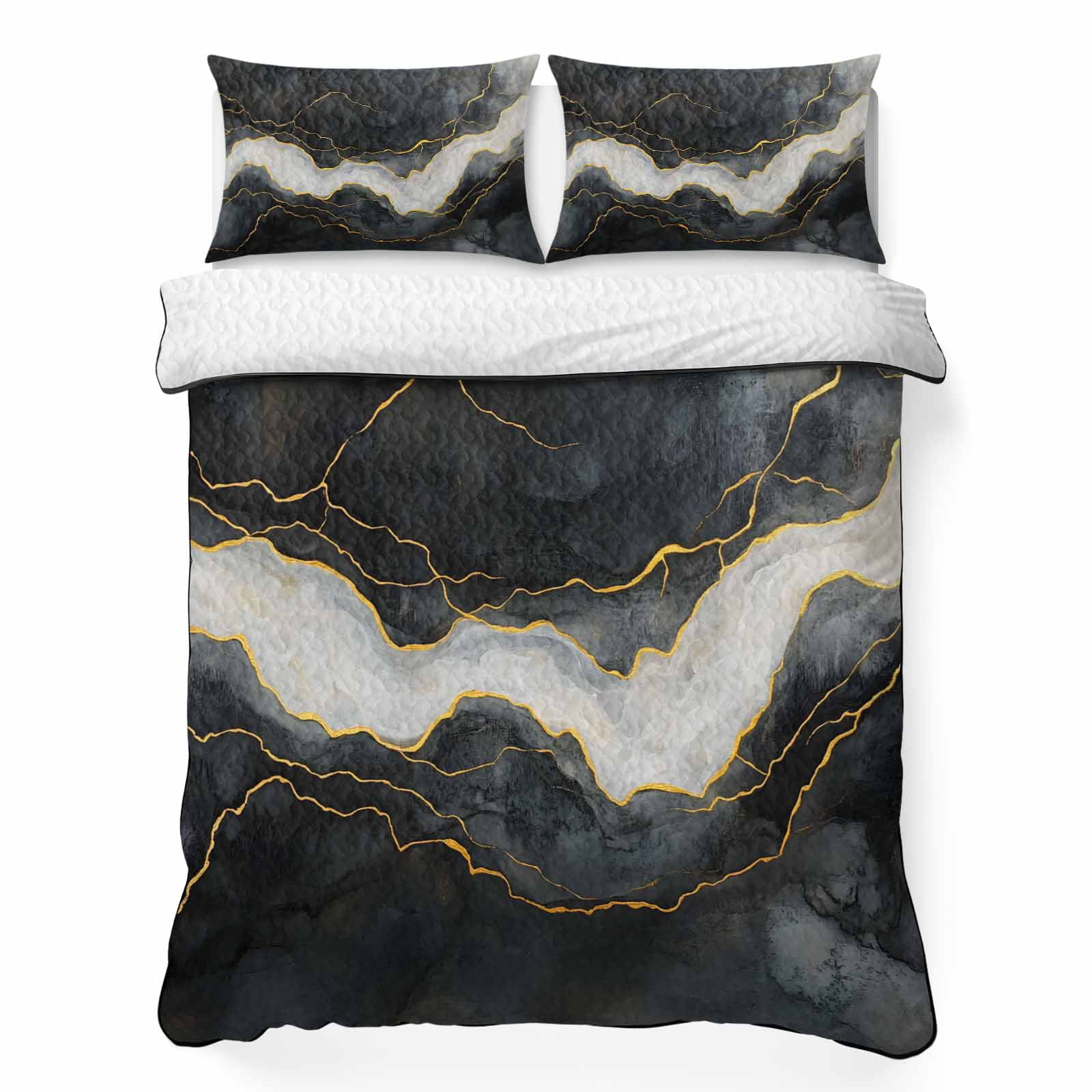 Queen Quilt Bedding Set Gray Gradient Marble Gold Stripe Summer Quilt ...