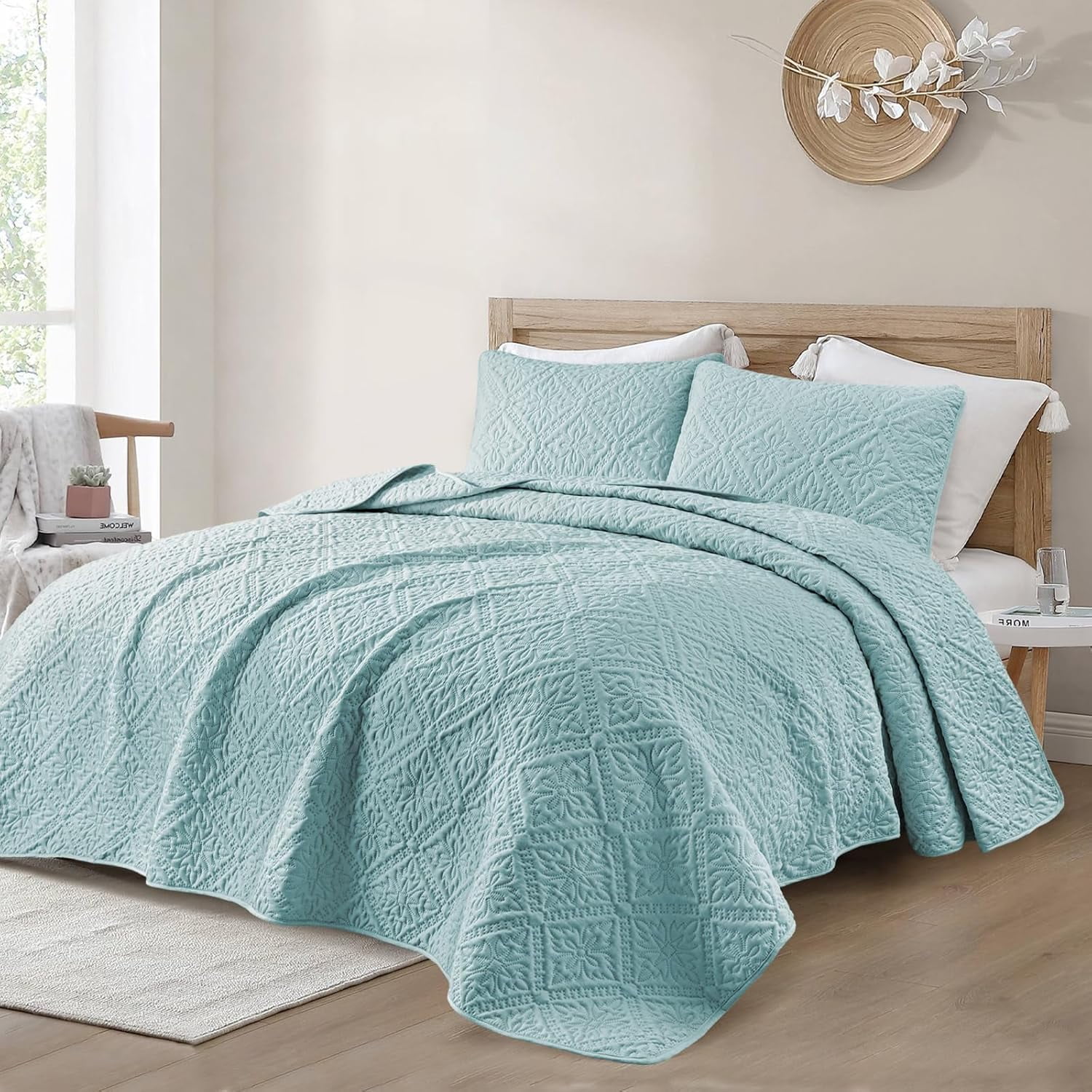 Queen Quilt Bedding Set, Lightweight Soft Bedspreads Coverlets with 2 Pillow Shams, Modern Aqua ...