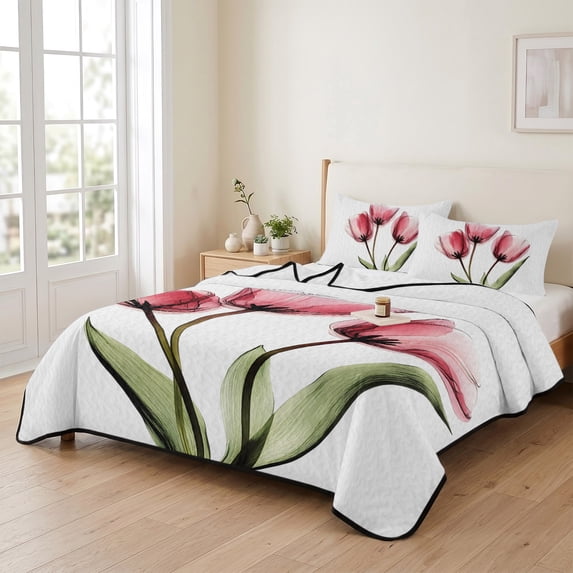Queen Quilt Bedding Set, Spring Farm Pink Flower Tulip Lightweight ...