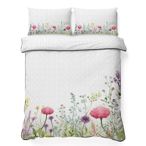 Queen Quilt Bedding Set Spring Flowers Leaves Pink Purple Lightweight ...