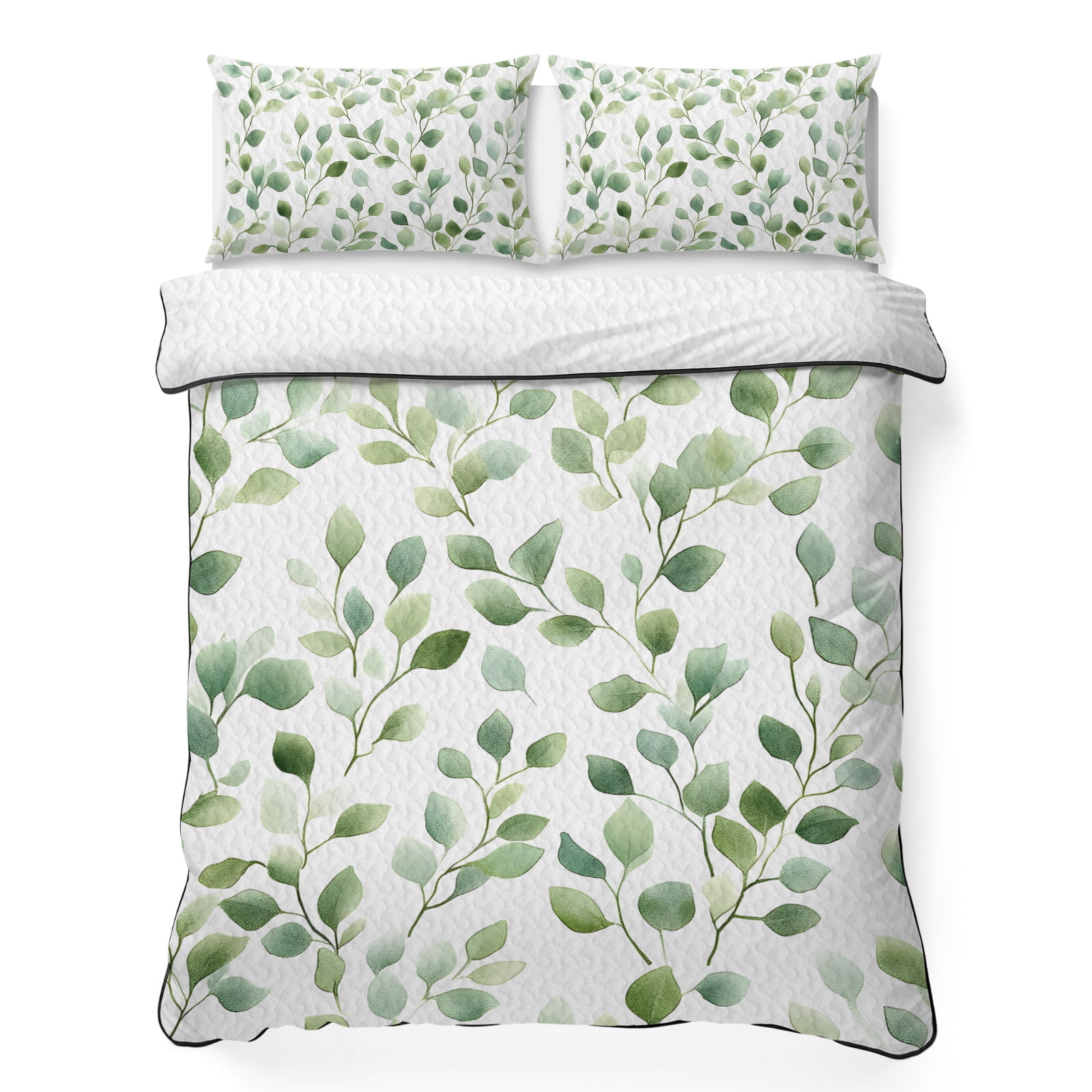 Queen Quilt Bedding Set Watercolor Eucalyptus Leaves Summer Quilt ...