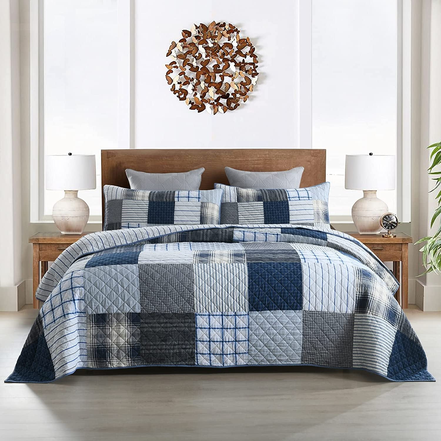 Queen Quilt Set Bedspread Reversible Plaid Grid Quilted Bedspread 3 ...