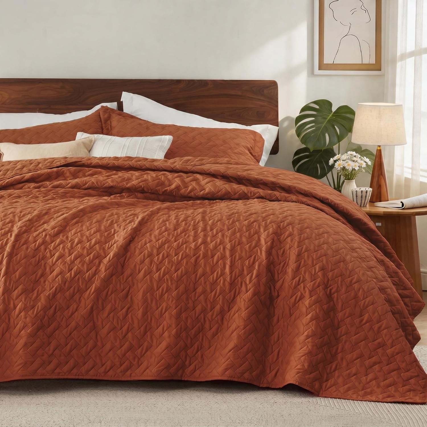 Queen Quilt Set, Red Orange, Basket Weave, Lightweight, All-Season (1 ...