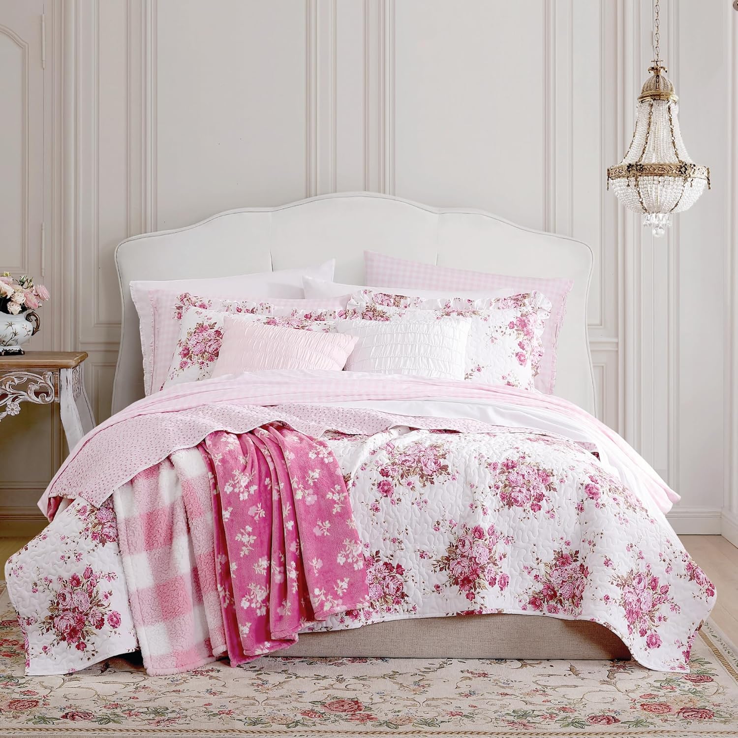 - Queen Quilt Set, Reversible Cotton Bedding with Matching Shams, Elegant Floral Home Decor for ...