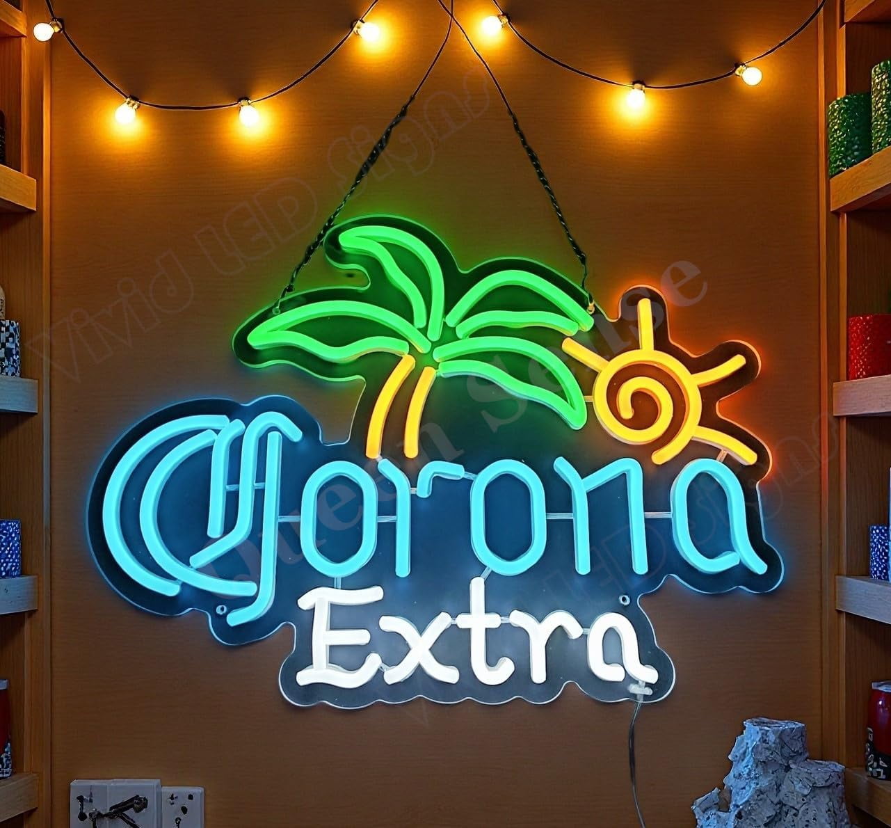 Queen Sense 16"x12" Coronas Extra Palm Tree Sun LED Neon Sign for Wall ...