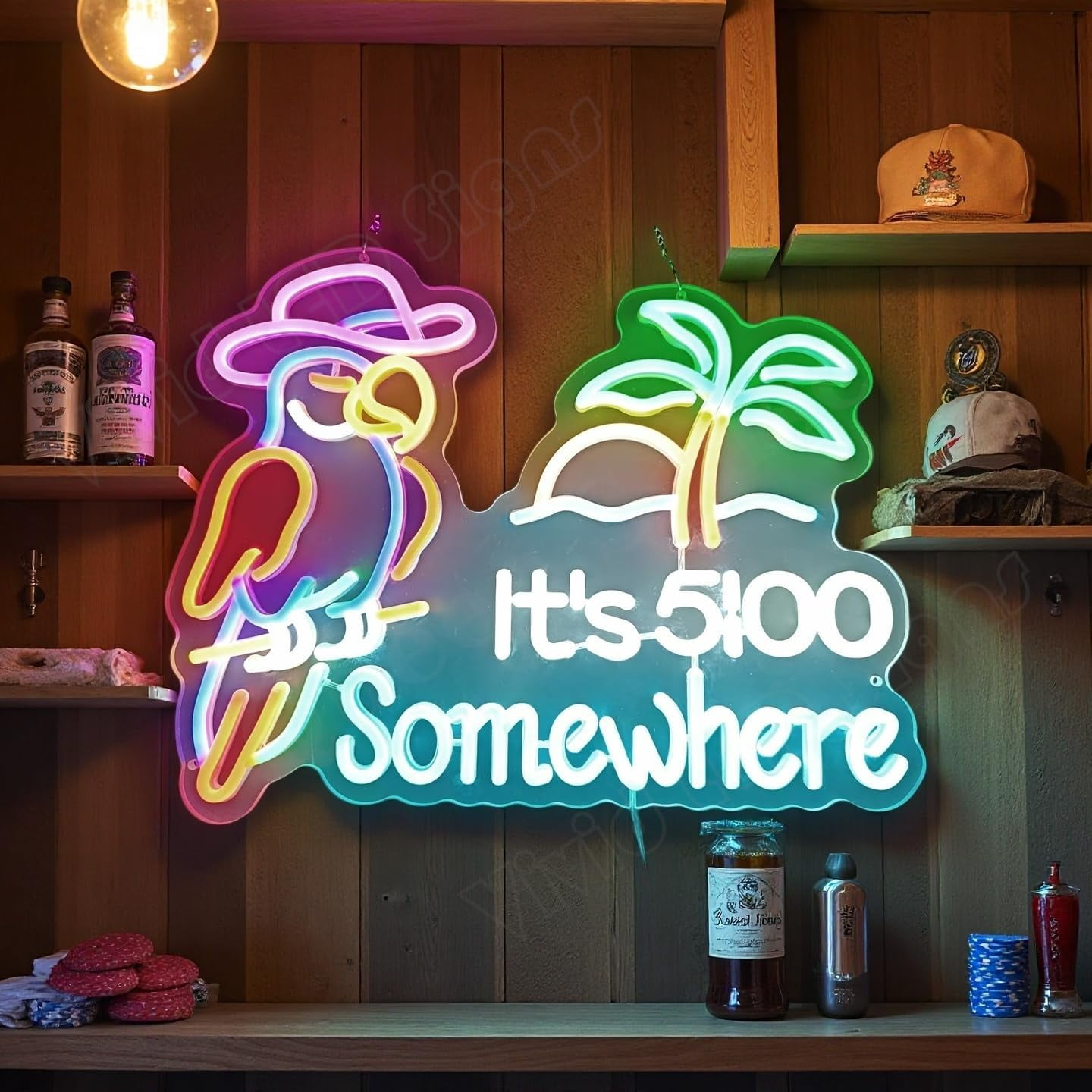 Queen Sense 16"x12" It's 5:00 Somewhere Parrot Hat Palm Tree LED Neon ...