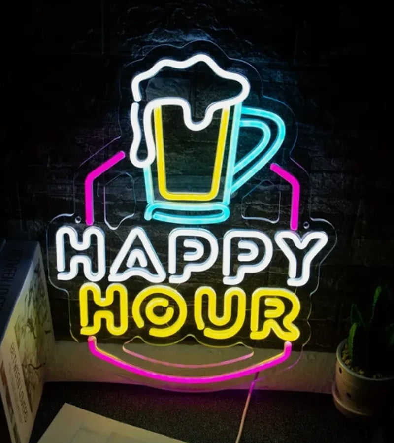 Queen Sense 16"x13" Happy Hour Cup LED Neon Sign for Wall Decor ...