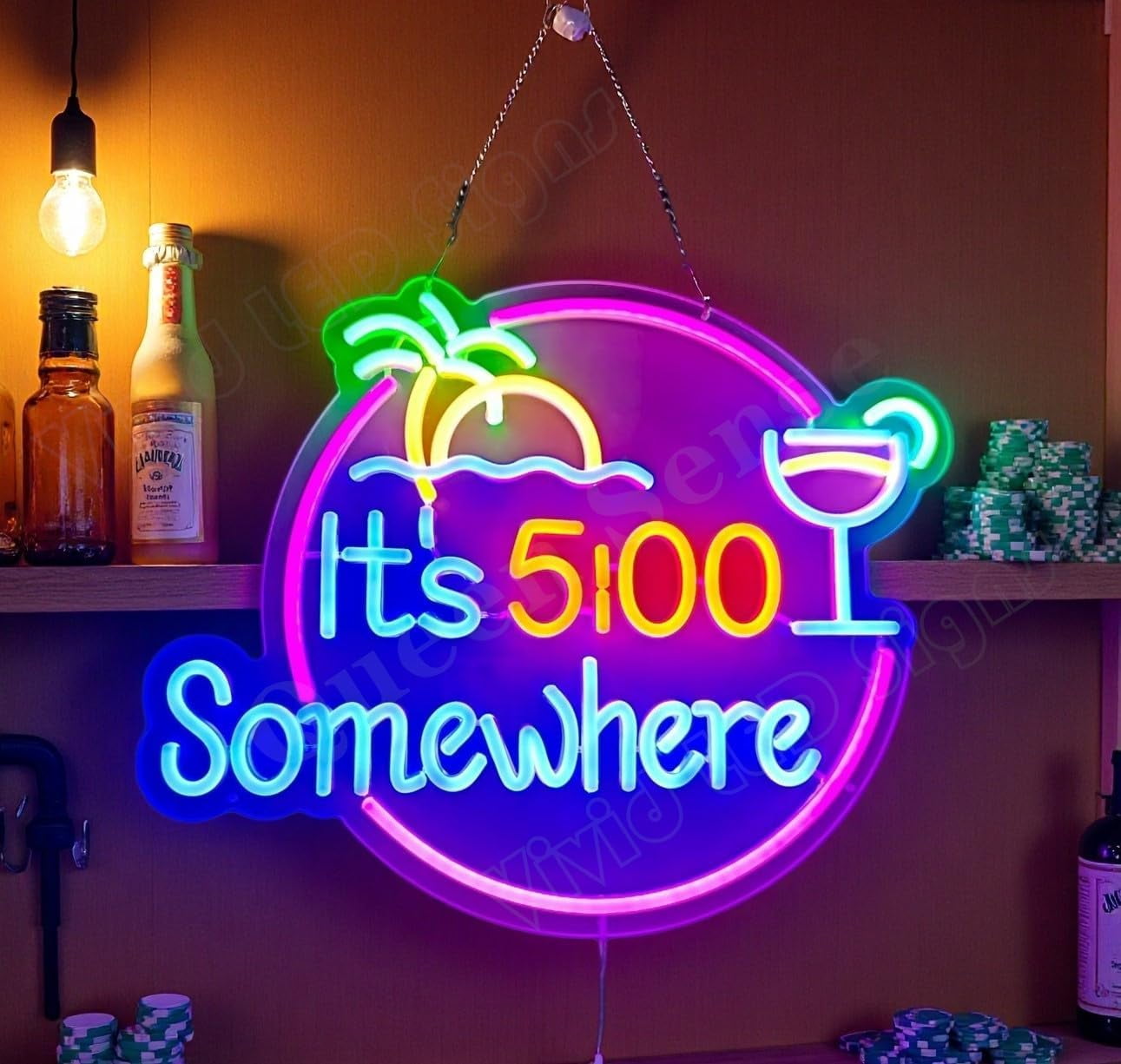 Queen Sense 16"x13" It's 5:00 Somewhere Palm Tree Cup LED Neon Sign for ...
