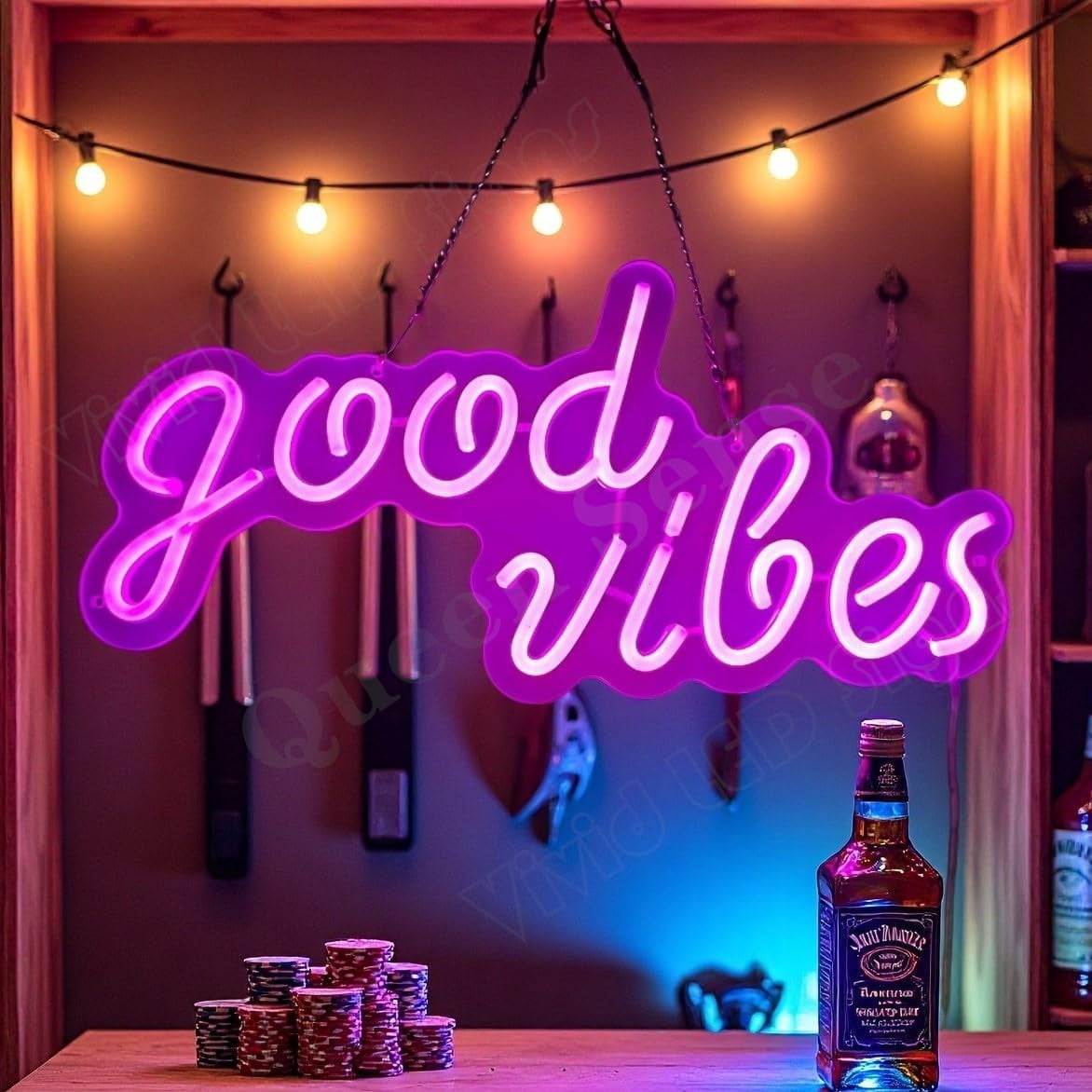 Queen Sense 16"x8" Good Vibes LED Neon Sign for Wall Decor Dimmable USB ...
