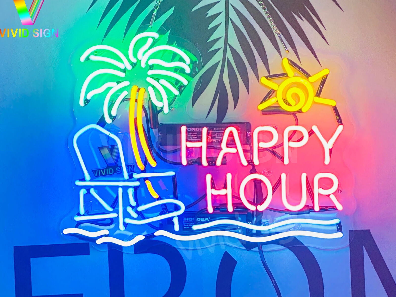 Queen Sense 17" Happy Hour Palm Tree Beach Neon Sign Acrylic Man Cave ...
