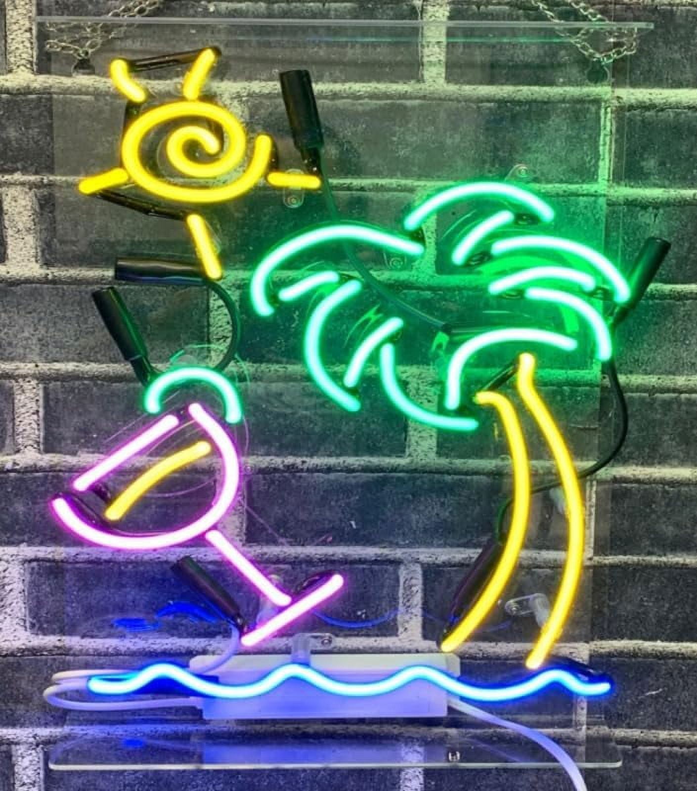 Queen Sense 17" Palm Tree Martini Cup Sun Neon Sign Acrylic Box Man ...