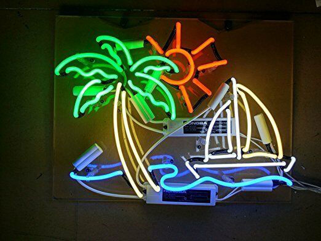 Queen Sense 17" Palm Tree Sun Boat Neon Sign Acrylic With Dimmer Man ...