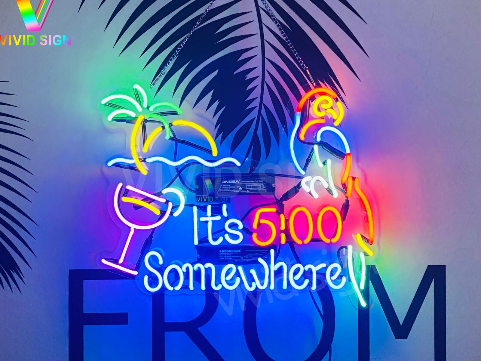 Queen Sense 20" It's 5:00 Somewhere Palm Tree Parrot Neon Sign Acrylic ...