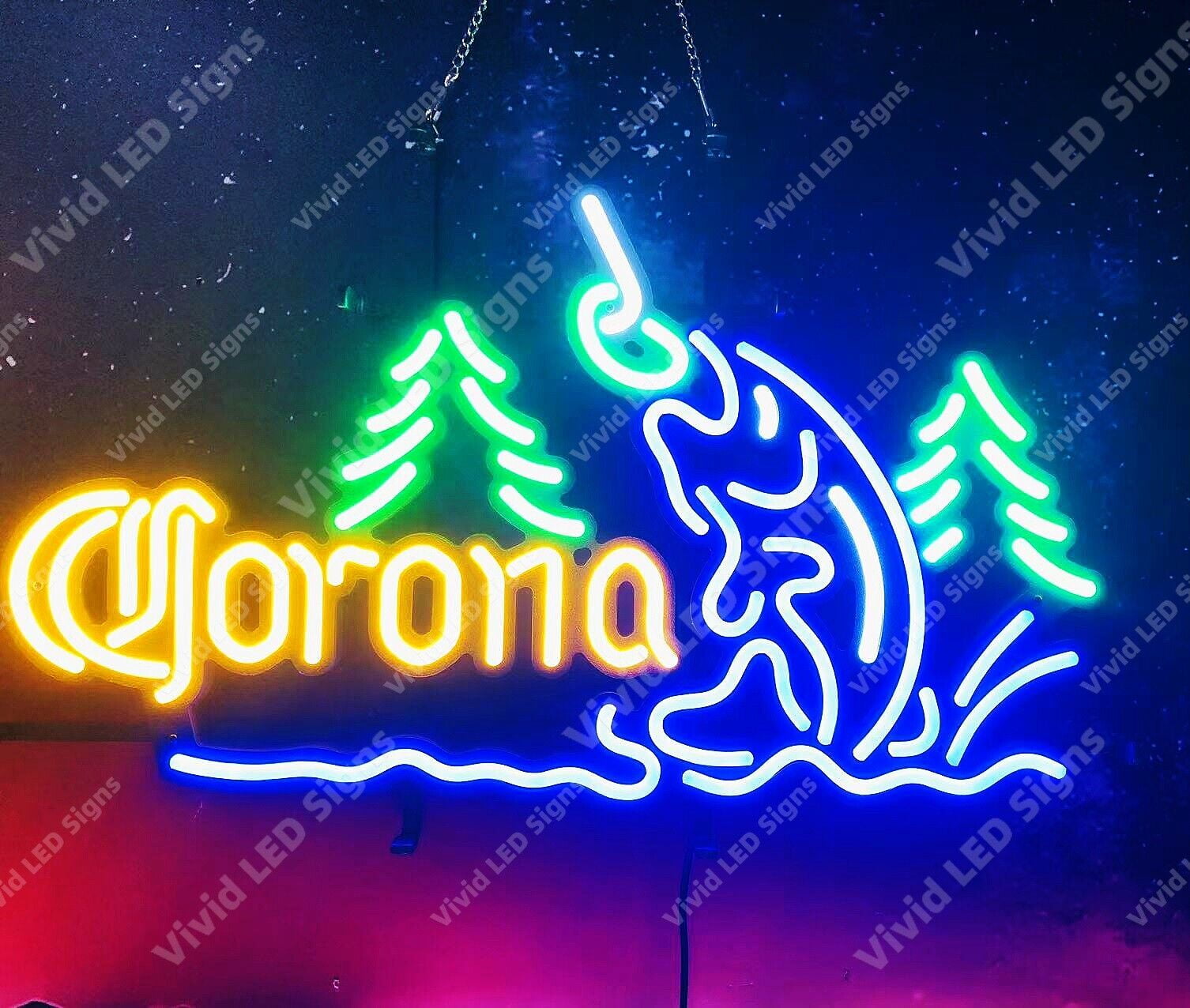 Queen Sense 24"x15" Coronas Hooked Fish Fishing Trees LED Sign Light ...