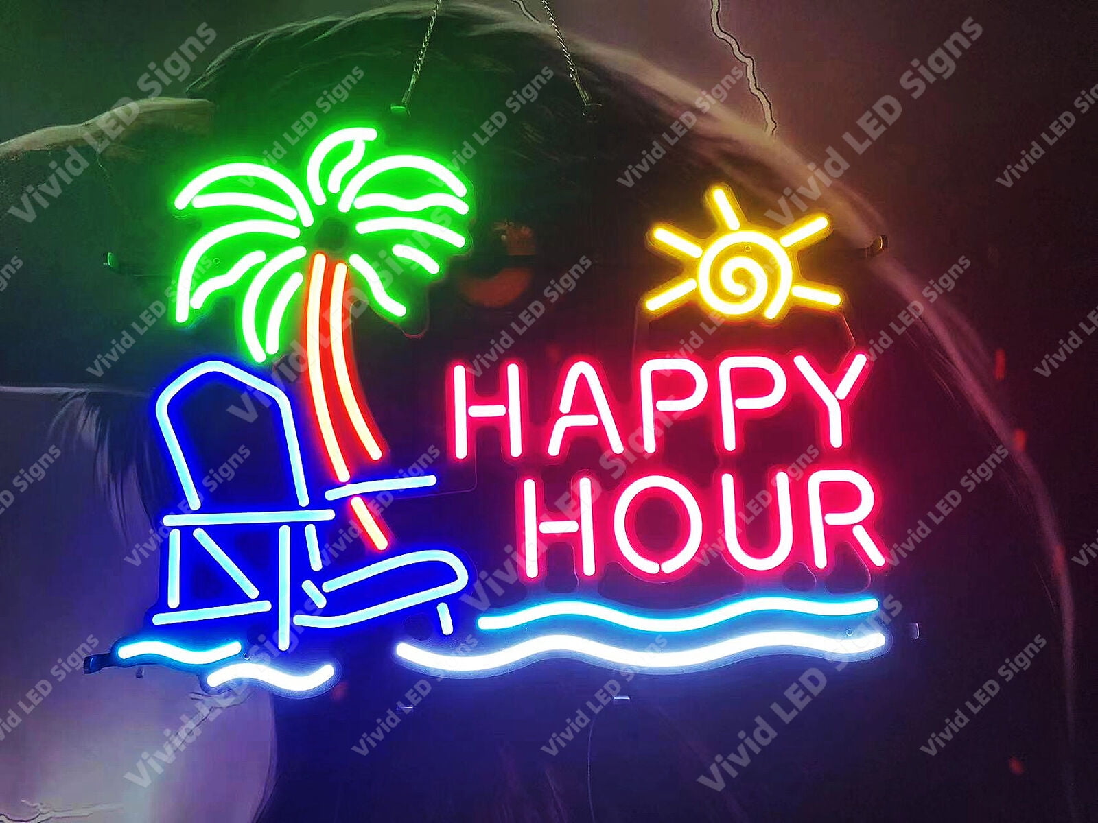 Queen Sense 24"x18" Happy Hour Palm Tree Beach Chair LED Sign Light ...