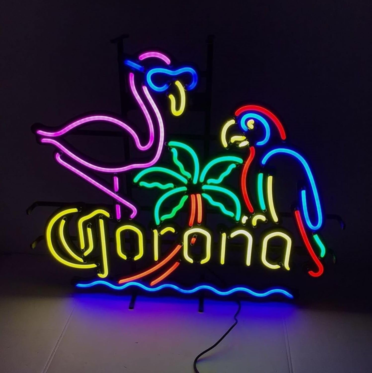 Queen Sense 24"x20" Coronas Flamingo Palm Tree Parrot Neon Sign Man ...