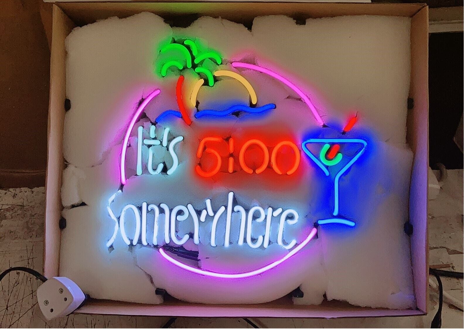 Queen Sense 24"x20" It'S 5:00 Somewhere Palm Tree Martini Glass Neon Sign Man Cave Handmade Neon ...